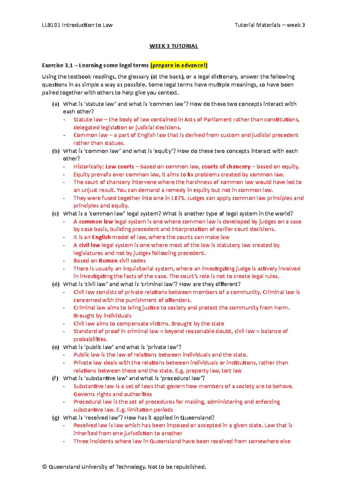 Week 3 Tutorial Activities Llb101 Introduction To Law Tutorial