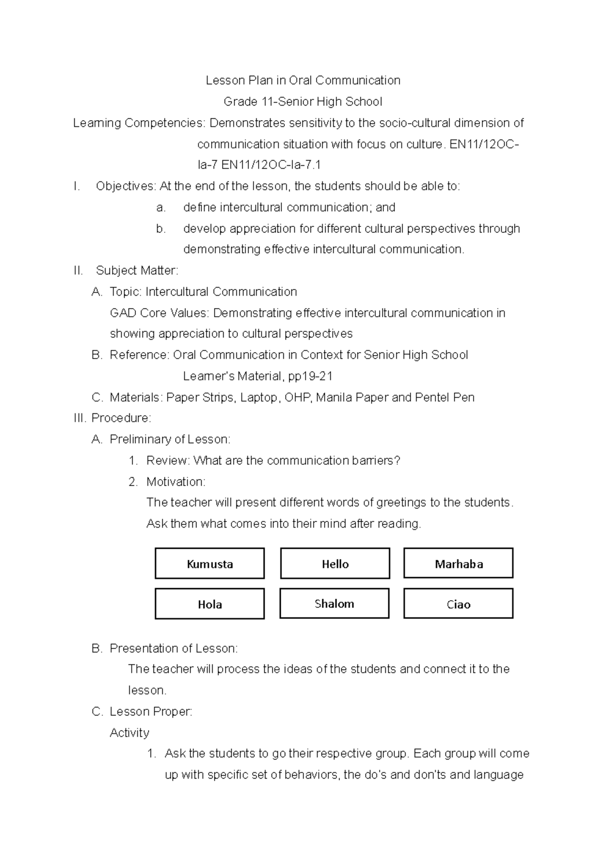 Lesson Plan In Oral Communication 4 Lesson Plan In Oral Communication