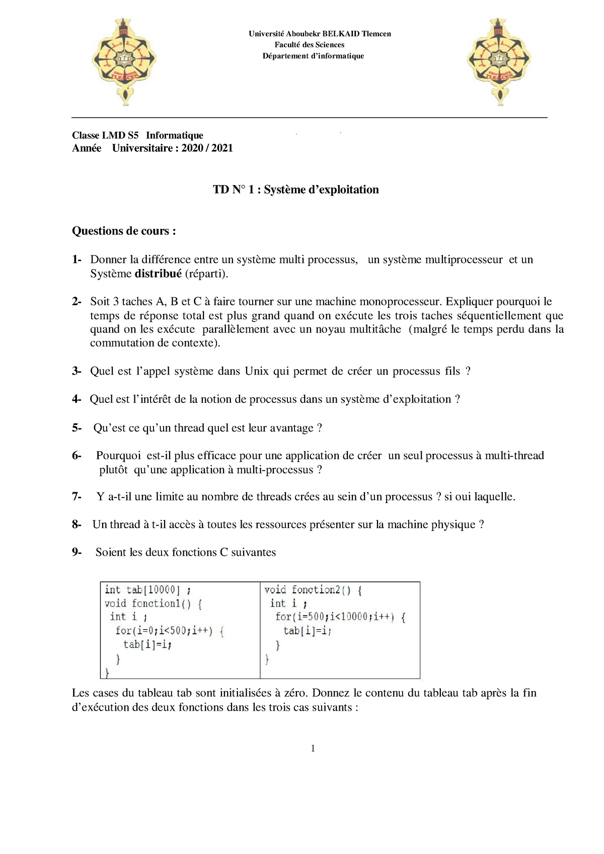 Td1 Système Dexploitation 2 Université Aboubekr Belkaid Tlemcen