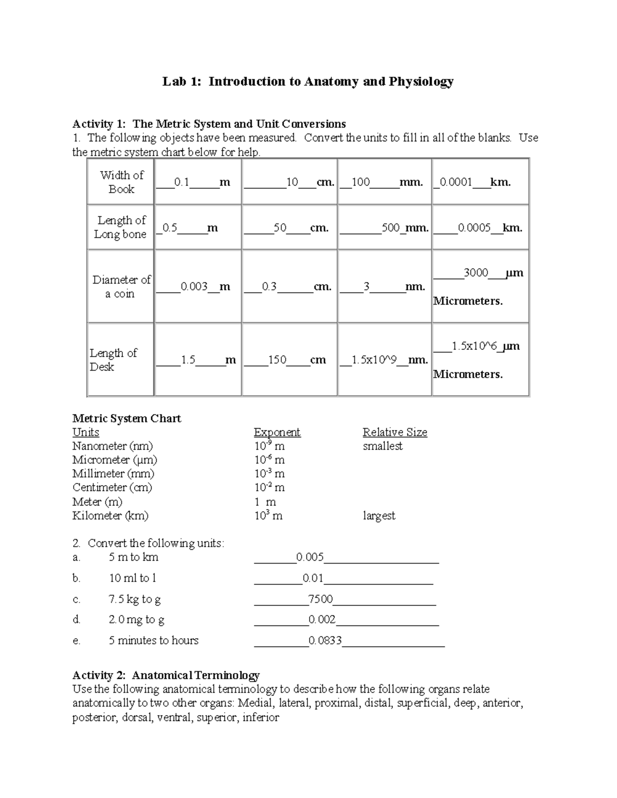 Biol 105 Lab 1 Lab Lab 1 Introduction To Anatomy And Physiology