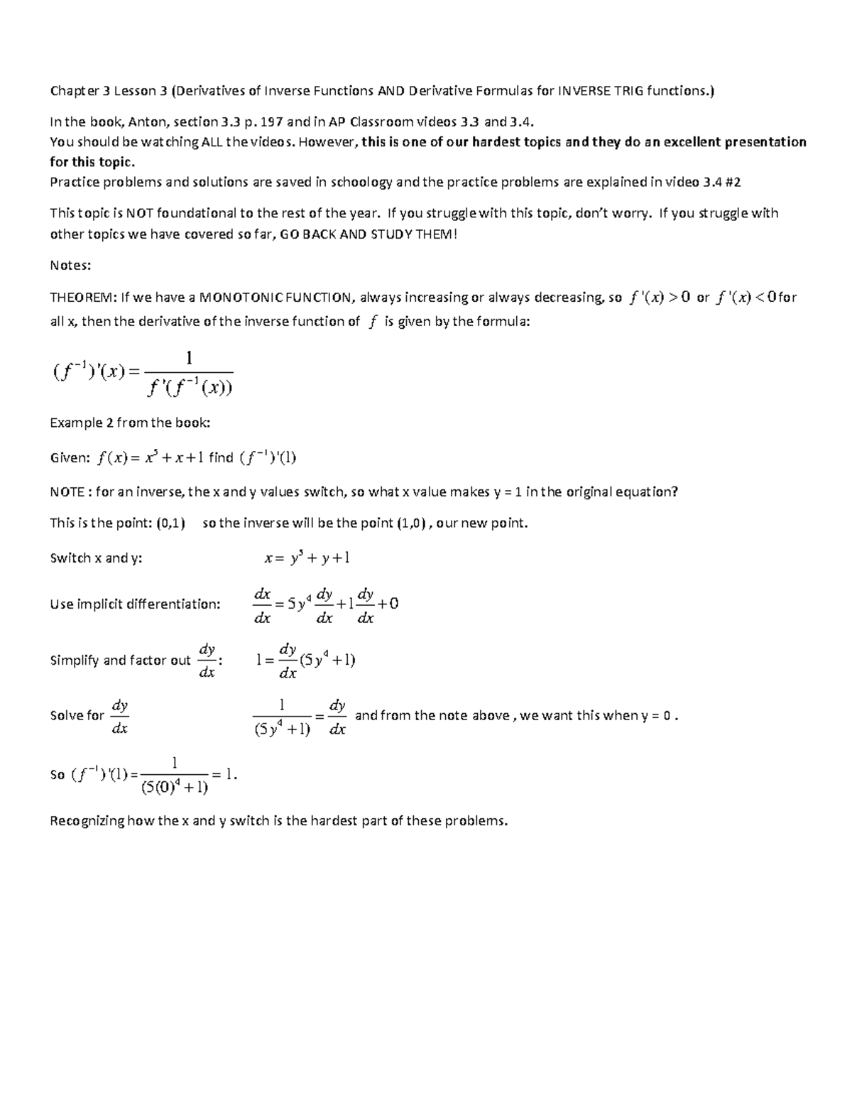 Chapter 3 Lesson 3 Derivative Of Inverse Functions And Inverse Trig