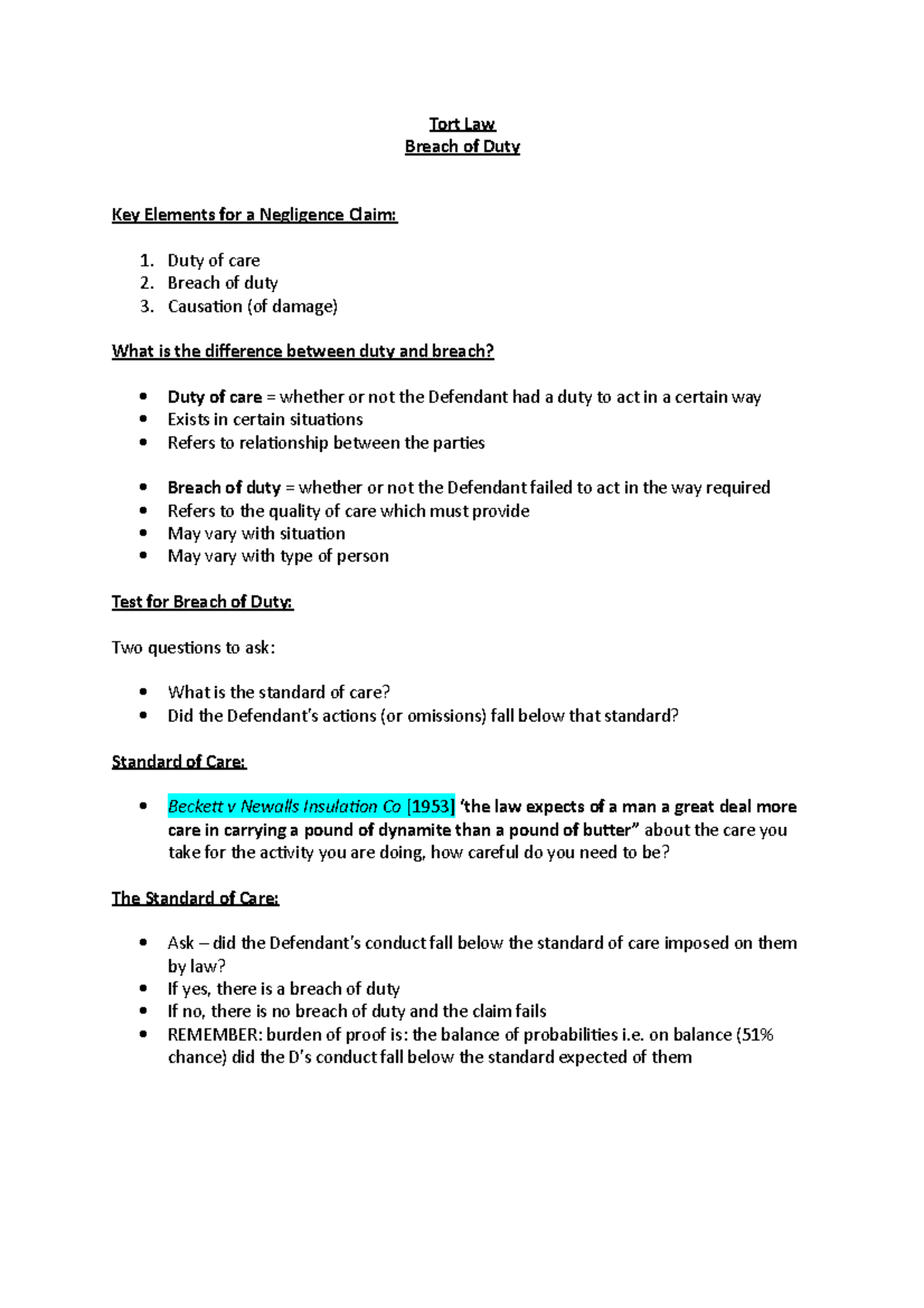 Tort Law Breach Of Duty Tort Law Breach Of Duty Key Elements For A