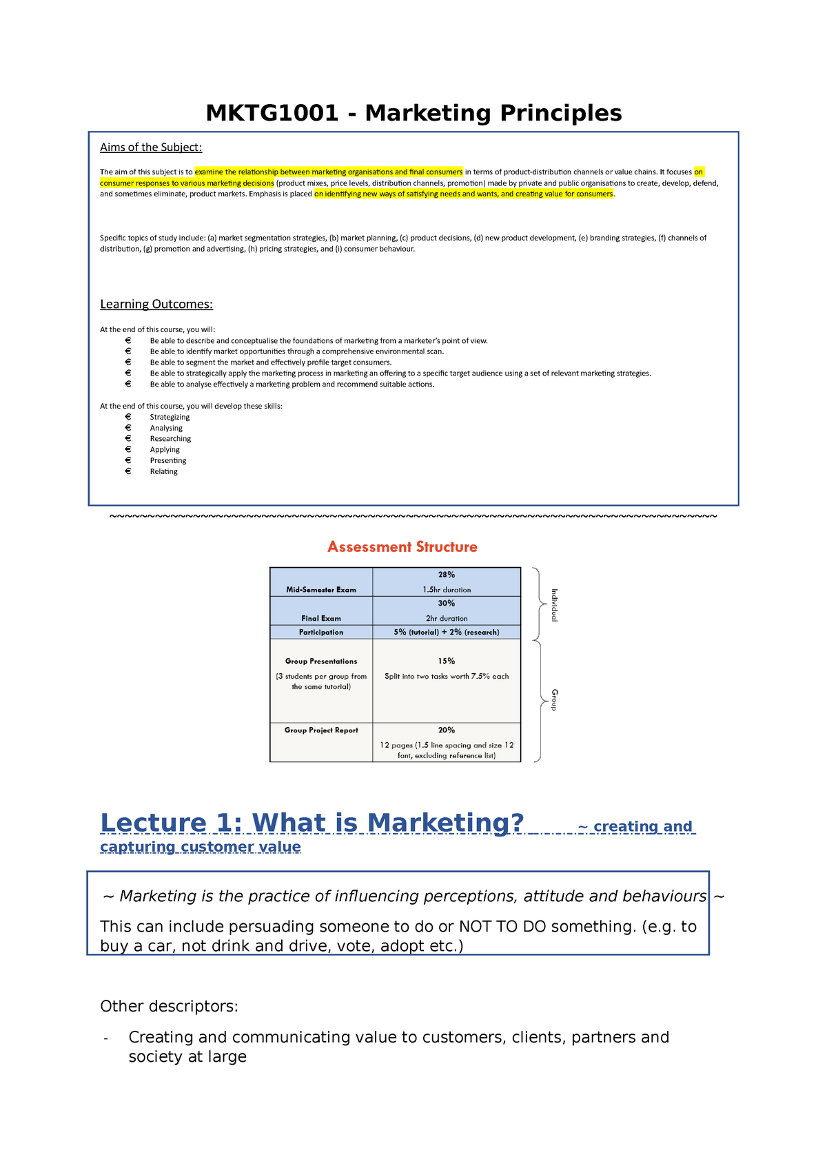 Mktg1001 Week 1 7 Lecture Notes 1 7 Mktg1001 Marketing