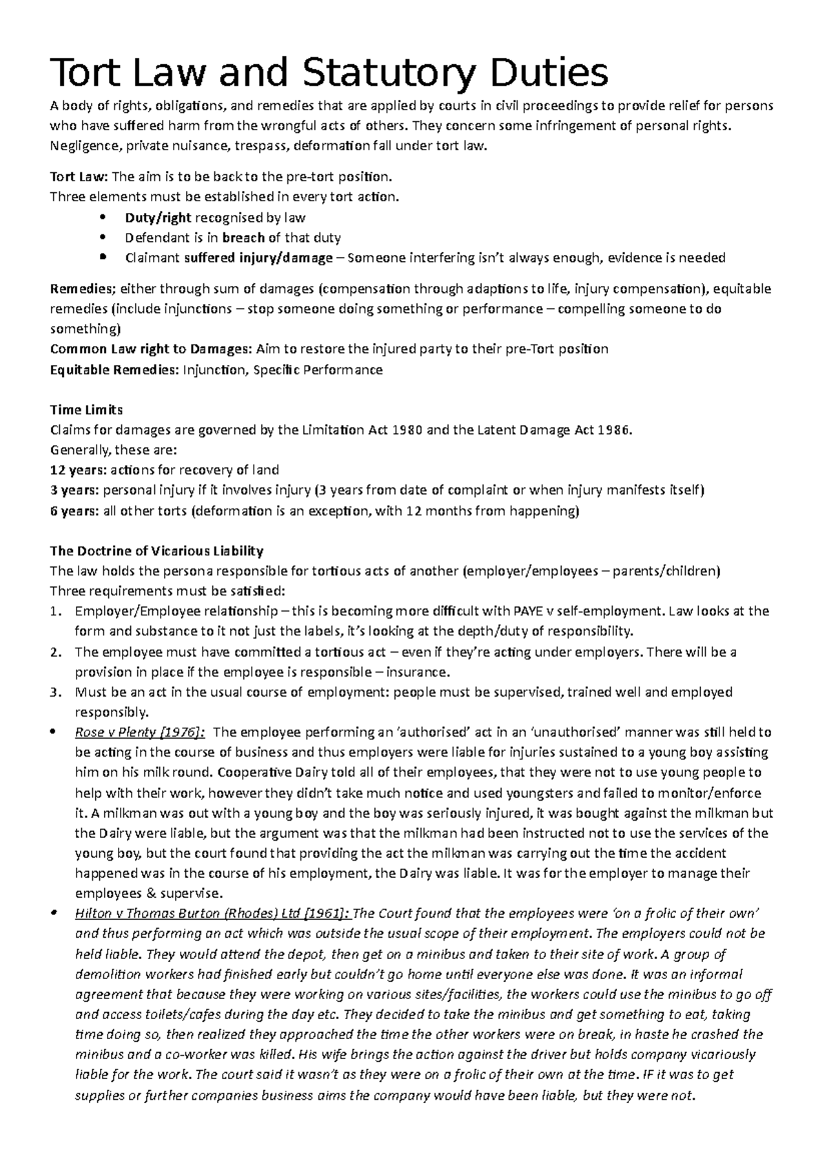 Lecture 4 Tort Law And Statutory Duties Tort Law And Statutory