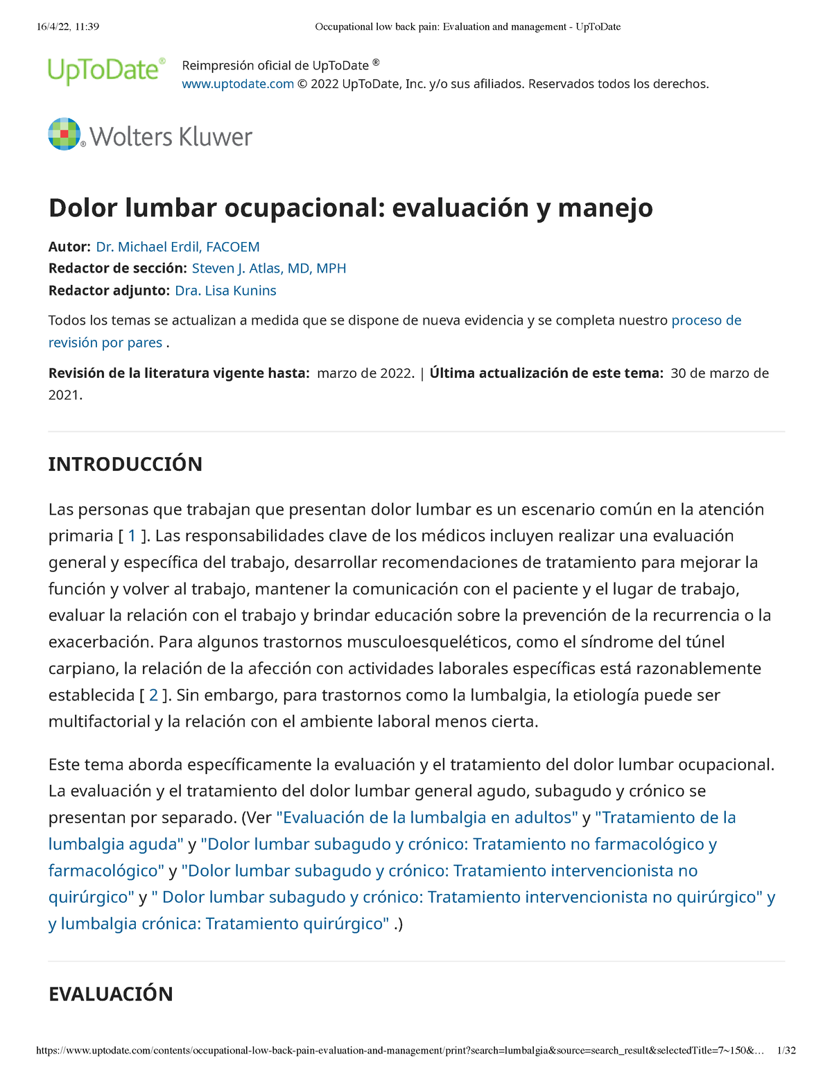 Occupational Low Back Pain Evaluation And Management Up To Date