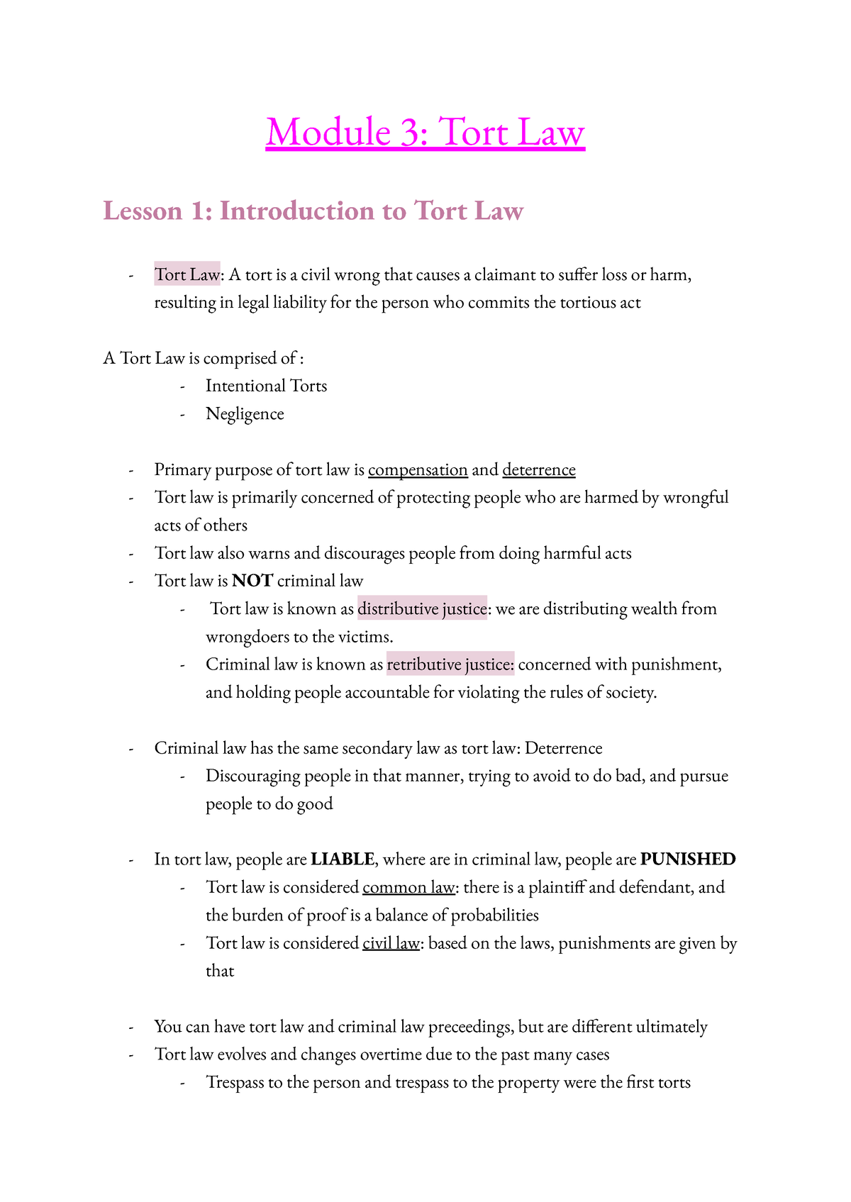 Mos 2275 Week 4 Lecture Notes Module 3 Tort Law Lesson 1