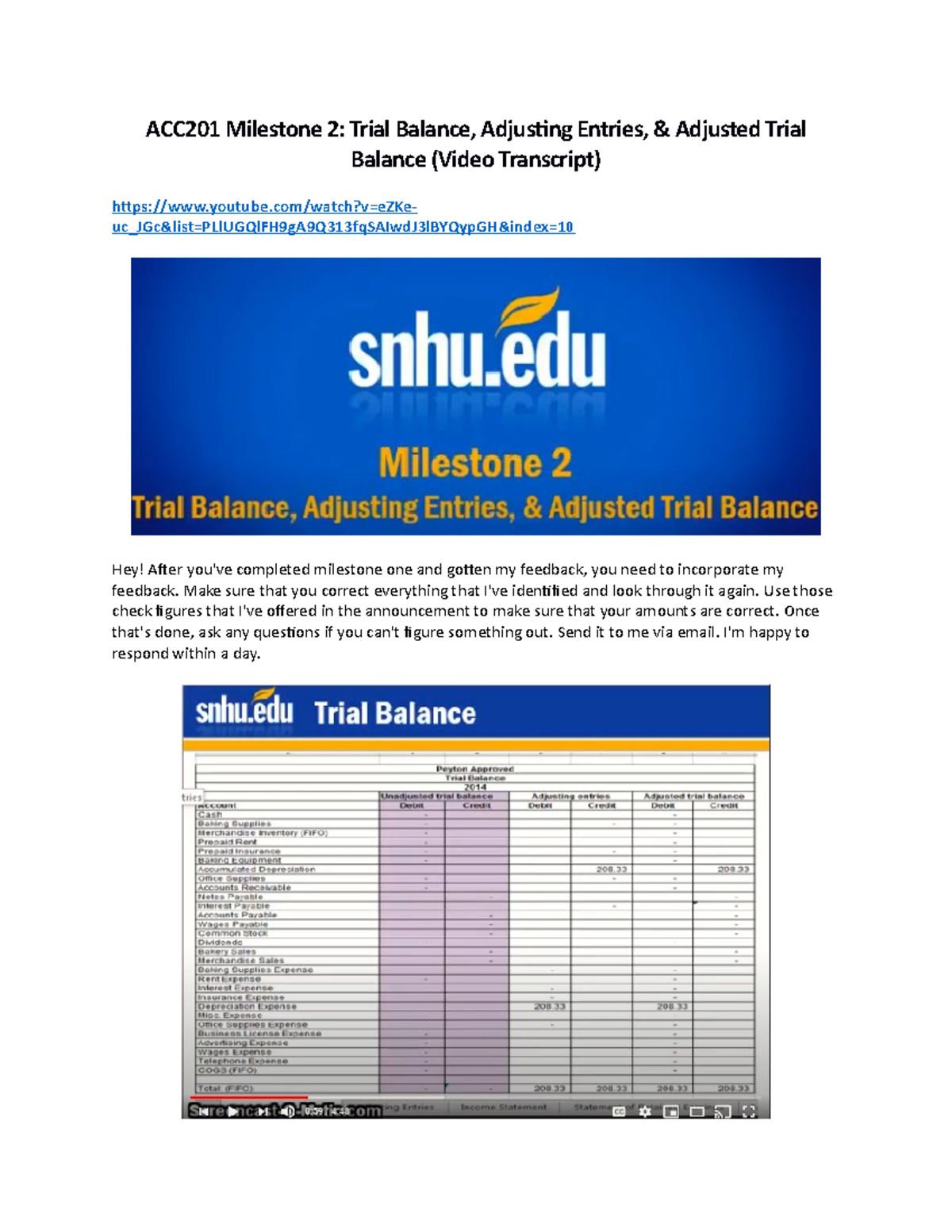 Milestone 2 Trial Balance And Adjusted Entries Video Transcript