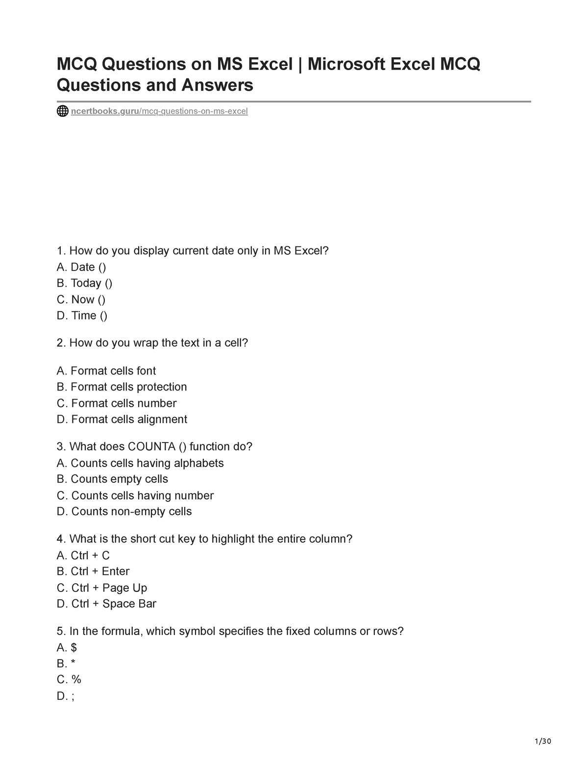 Mcq Questions On Ms Excel Microsoft Excel Mcq Questions And Answers