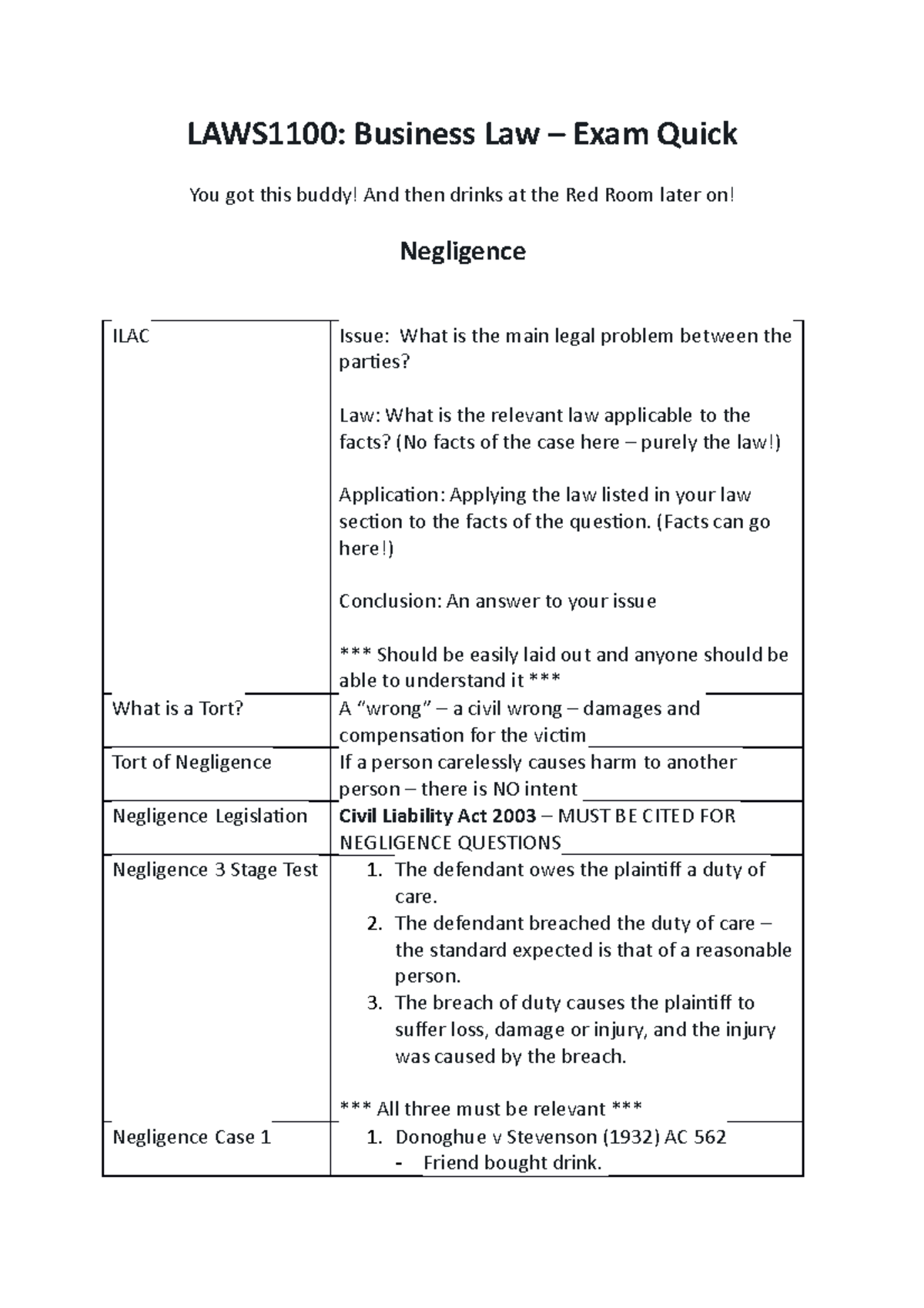 Negligence Lecture Notes 3 Laws1100 Business Law Exam Quick You