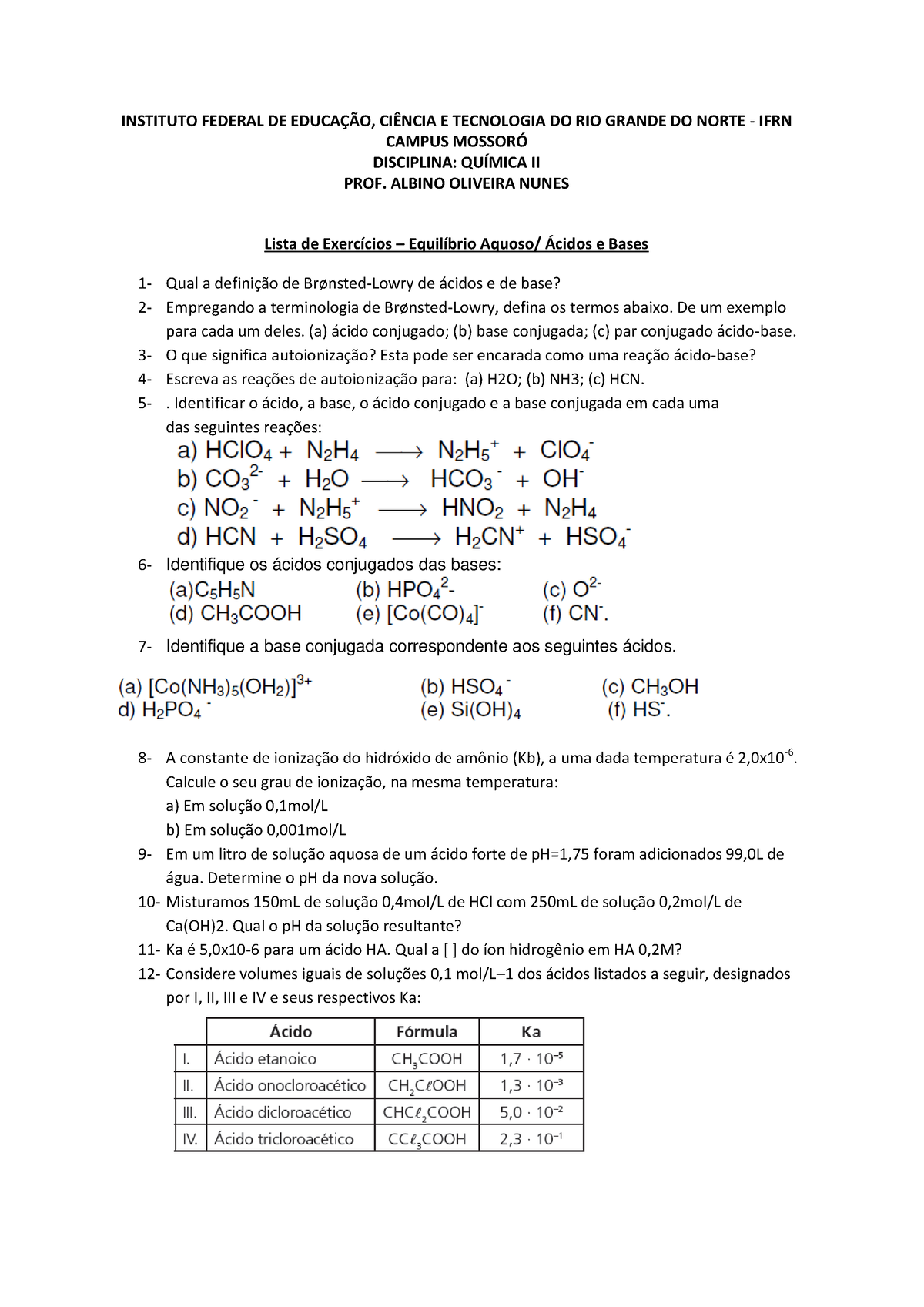 Lista De Exercicios Equilibrio Aquoso Acidos E Bases 1 1 Instituto