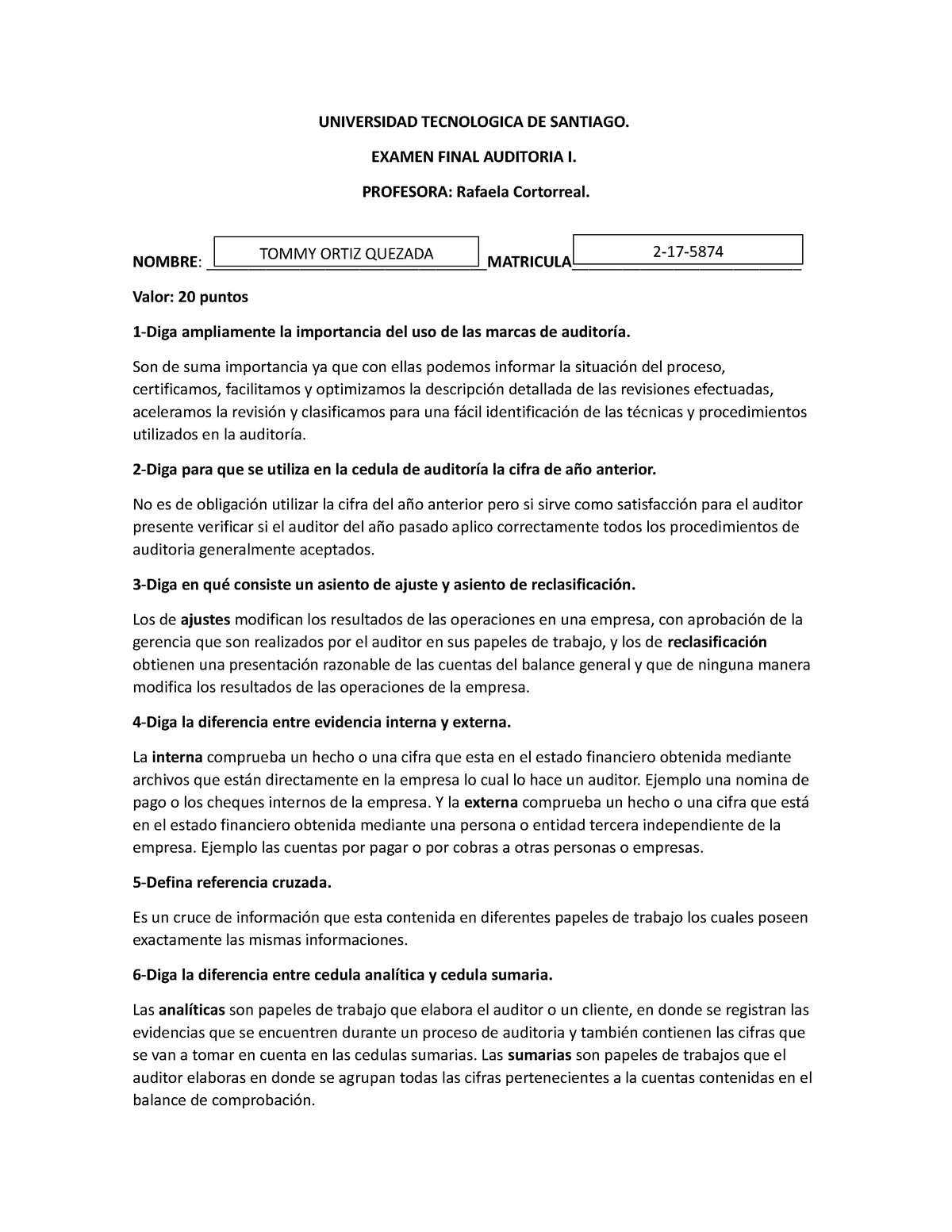 Examen Final De Auditoria I Universidad Tecnologica De Santiago