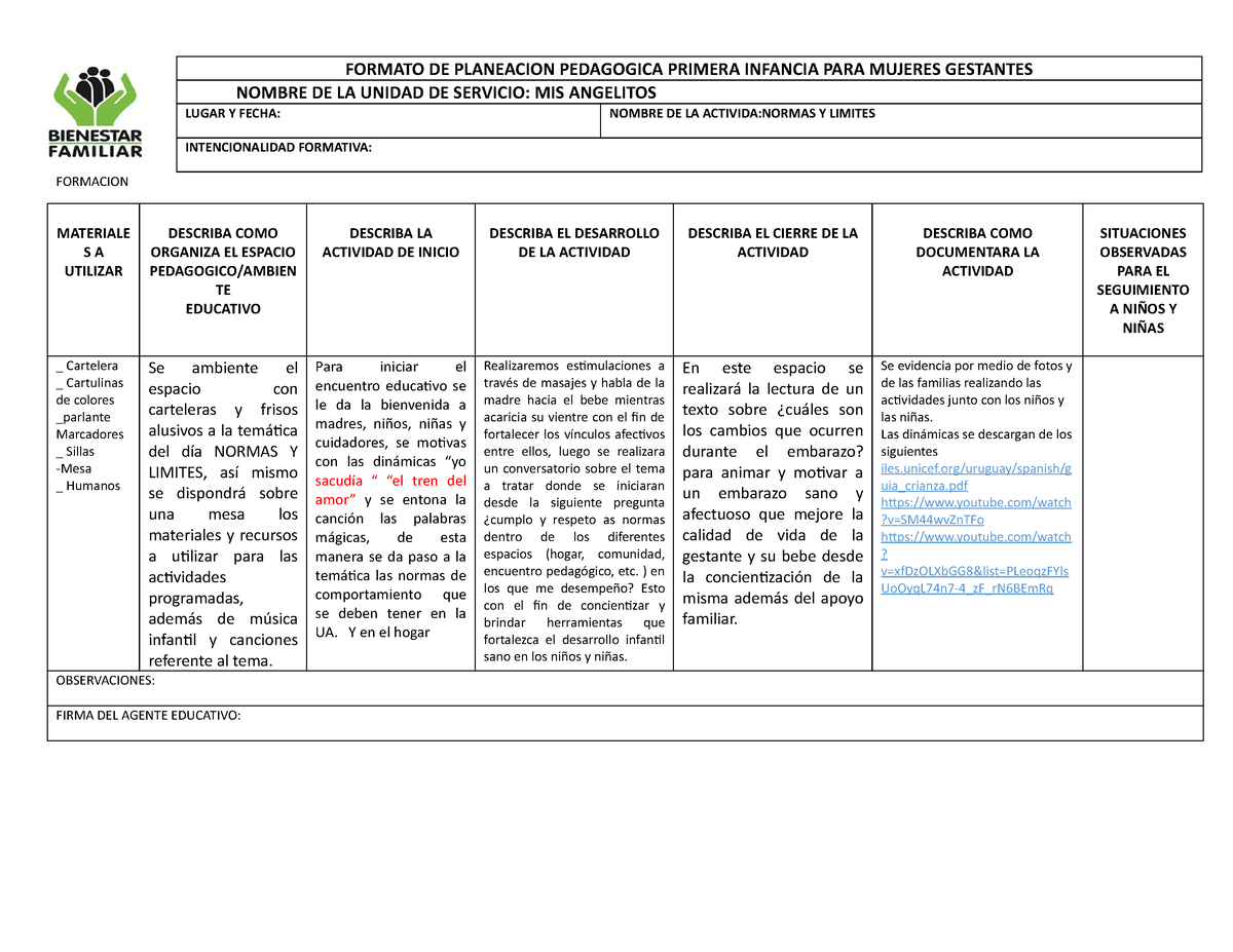 Planeacion De Normas Y Limites Formato De Planeacion Pedagogica