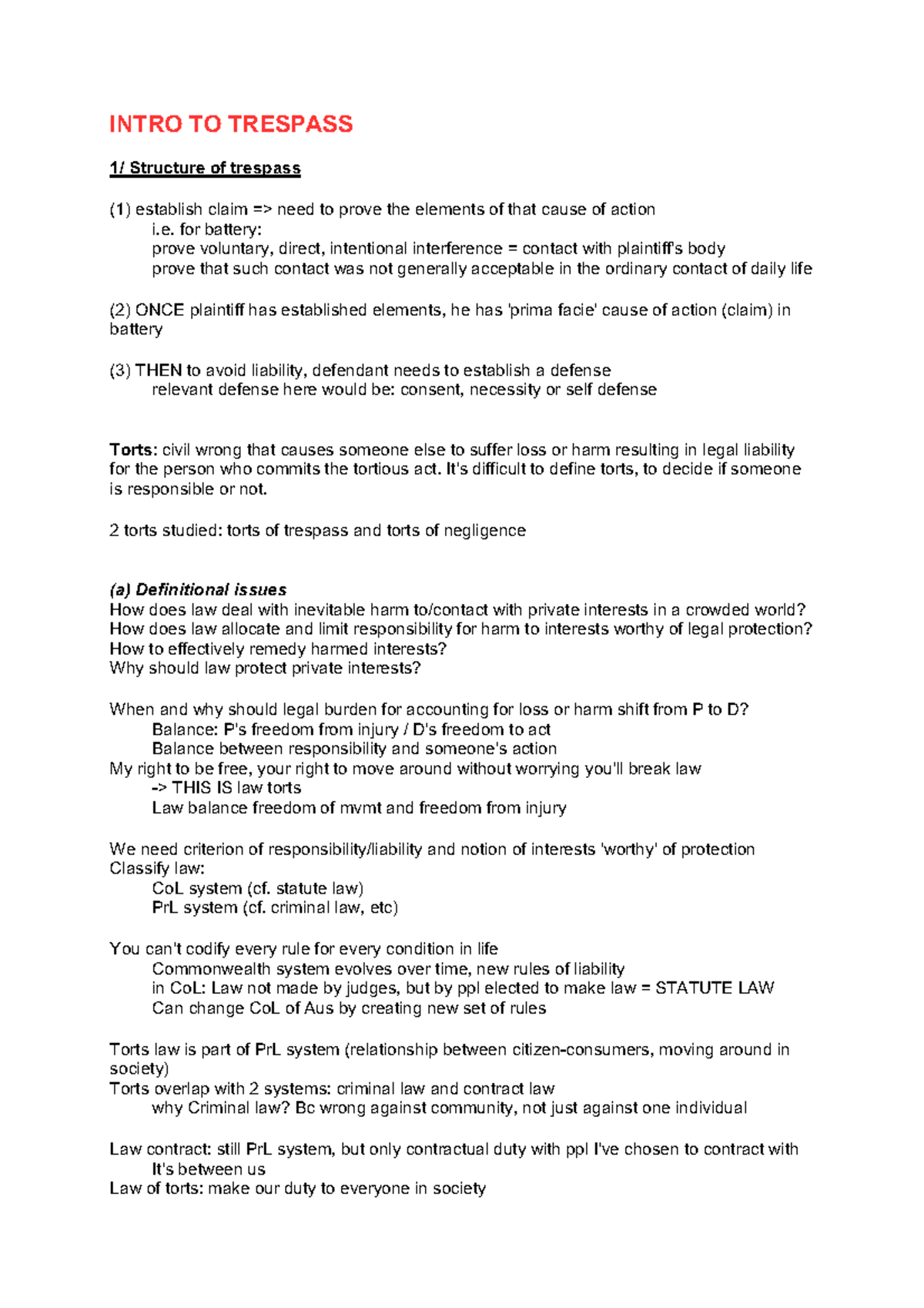 Torts Exam Notes Summary Tort Law Intro To Trespass 1 Structure