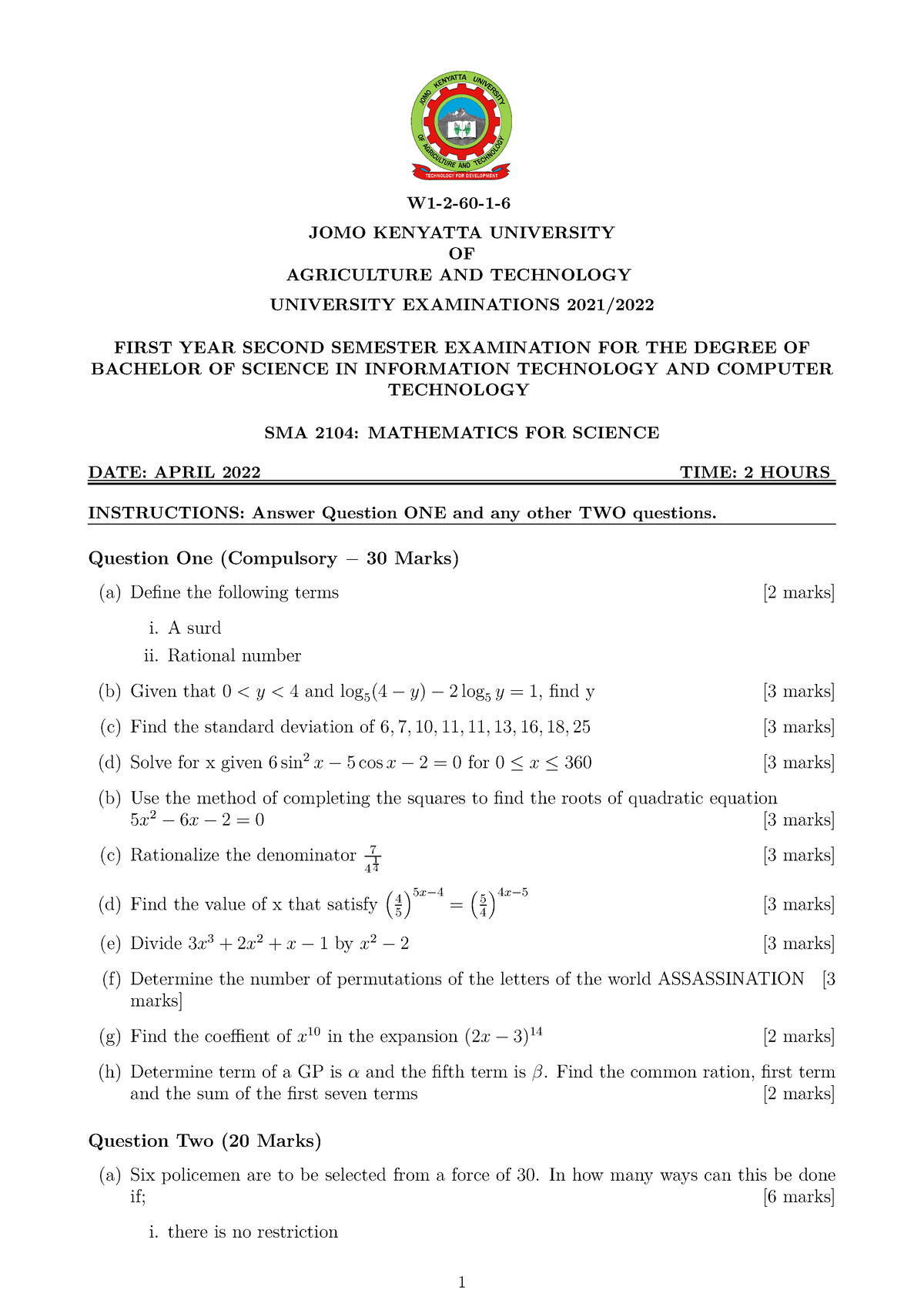 Sma 2104 2022 Exam W1 2 60 1 Jomo Kenyatta University Of