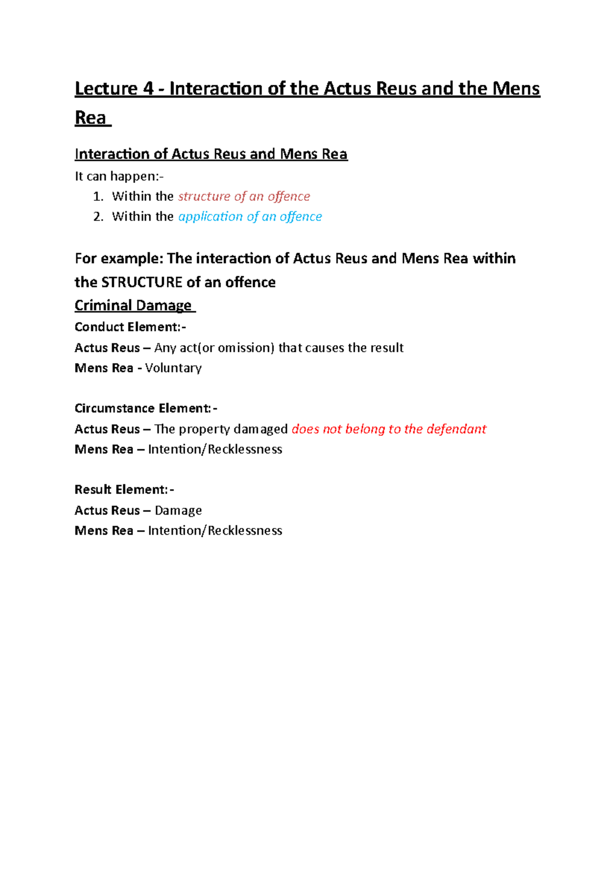 Lecture 4 Interaction Of The Actus Reus And Mens Rea Within The