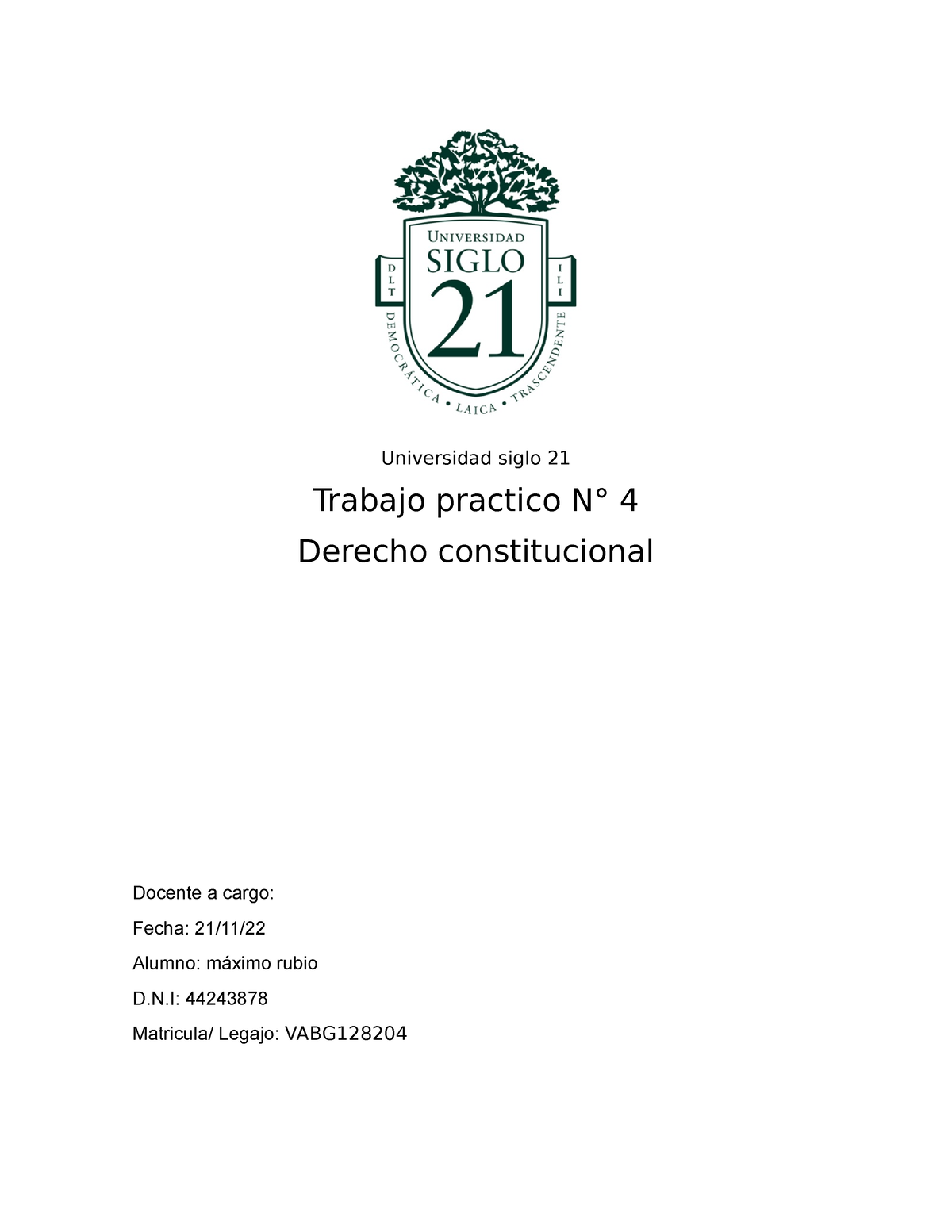 Derecho Constitucional Tp N°4 Universidad Siglo 21 Trabajo Practico N