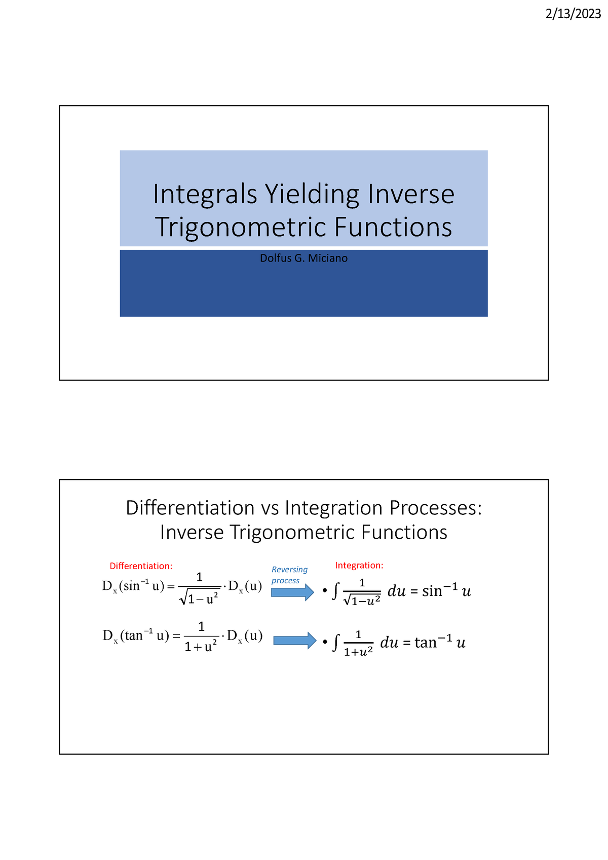 Inv Trigo Function Integration Integrals Yielding Inverse