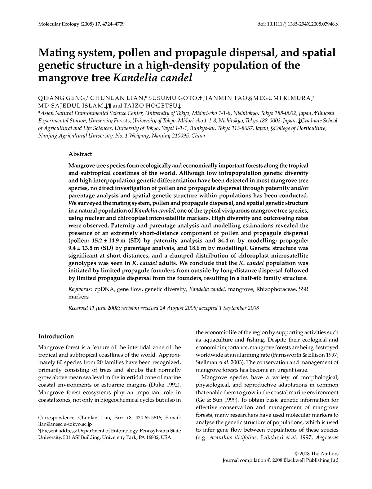 Molecular Ecology 2008 Geng Mating System Pollen And Propagule