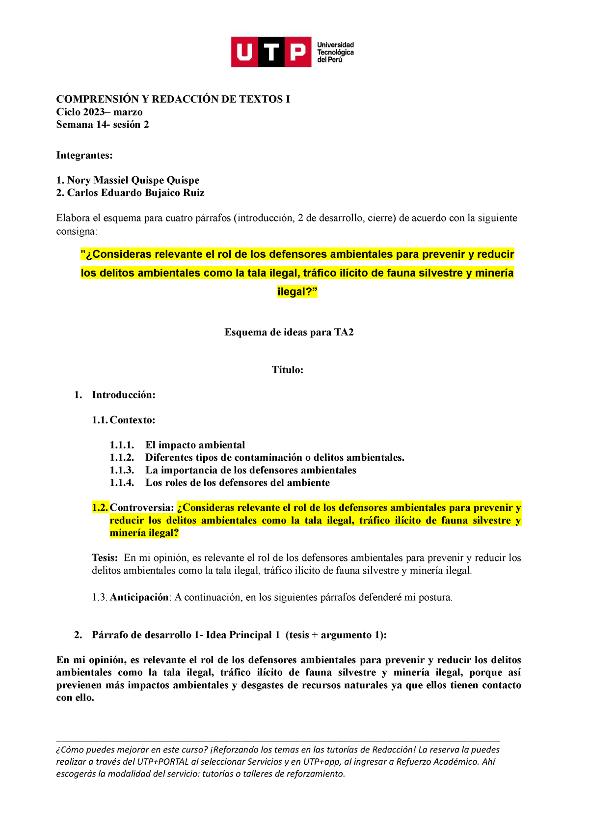 S14s2 Esquema Para Pc2 2023 Marzo 1 Comprensión Y Redacción De