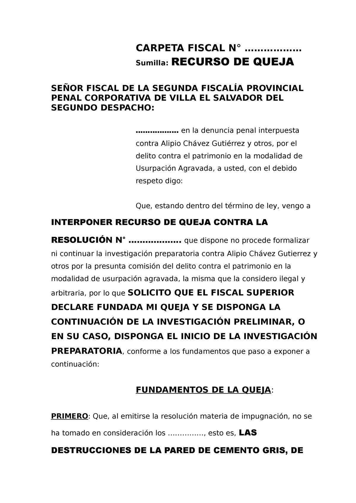 Expediente Recurso De Queja Carpeta Fiscal N