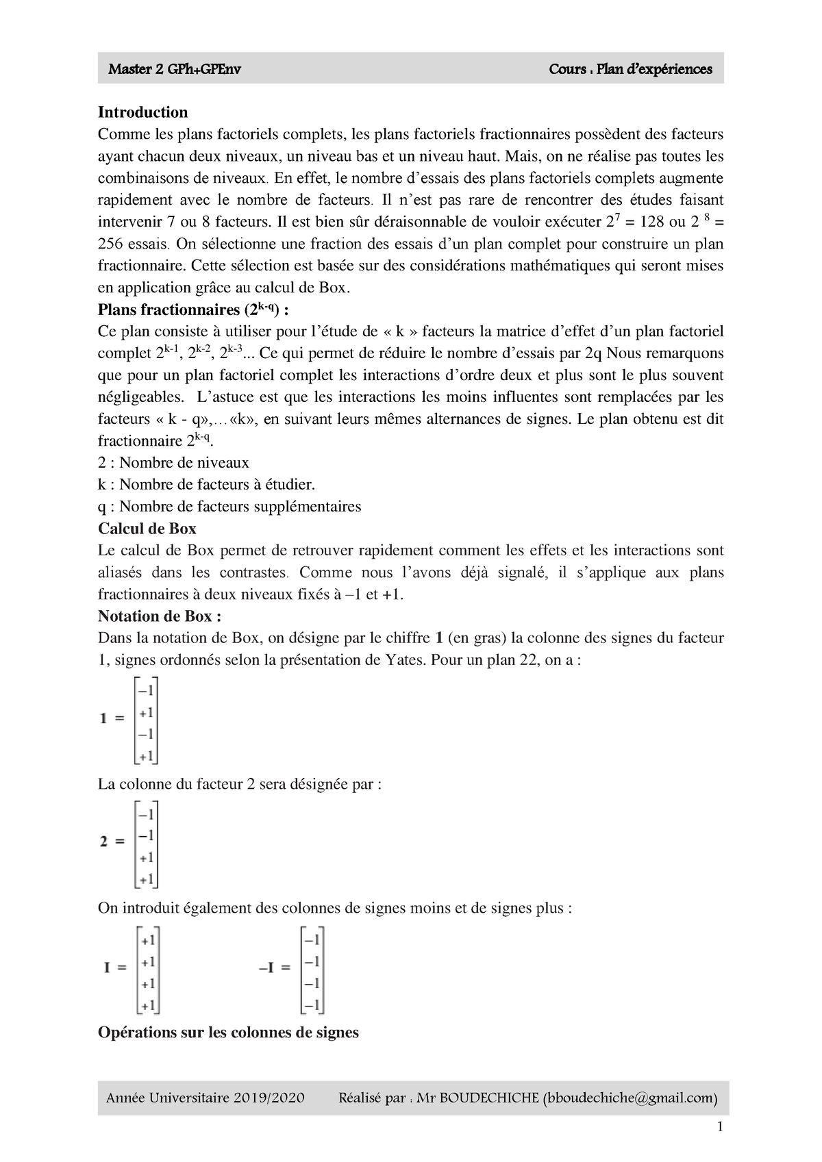 Plans Dexpériences Chapitre Iii Cours Année Universitaire 201 9