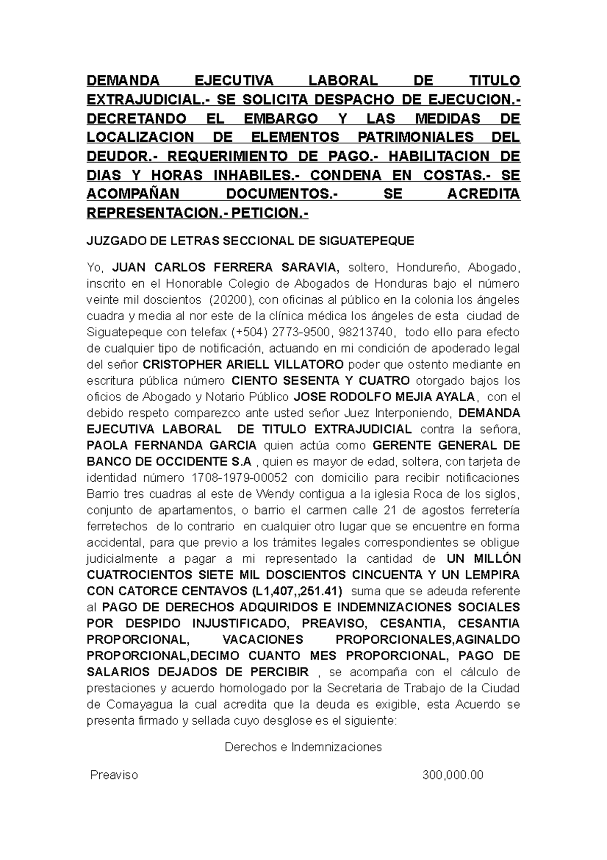 Demanda De Ejecutiva Laboral De Titulo Extrajudicial Demanda