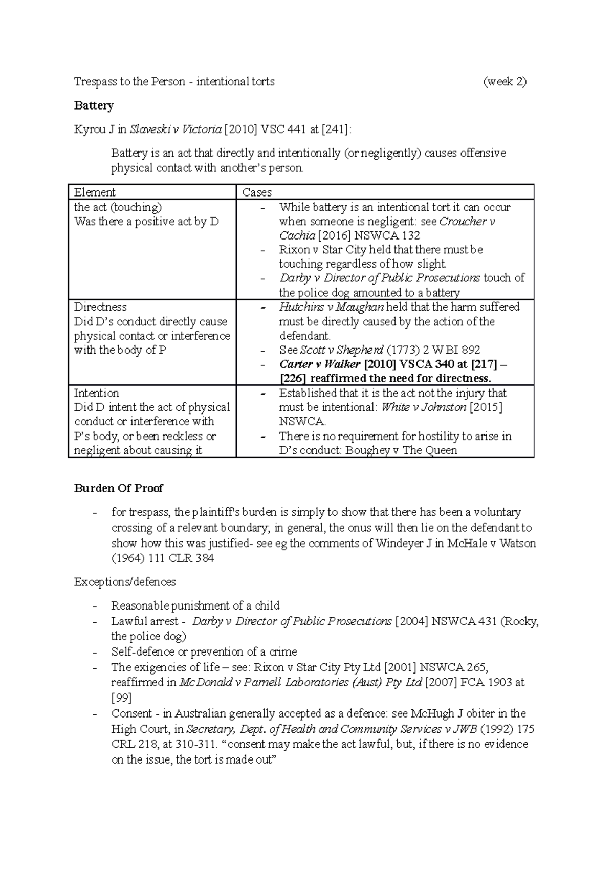 Torts Sem 1 Summary Battery Trespass To The Person Intentional