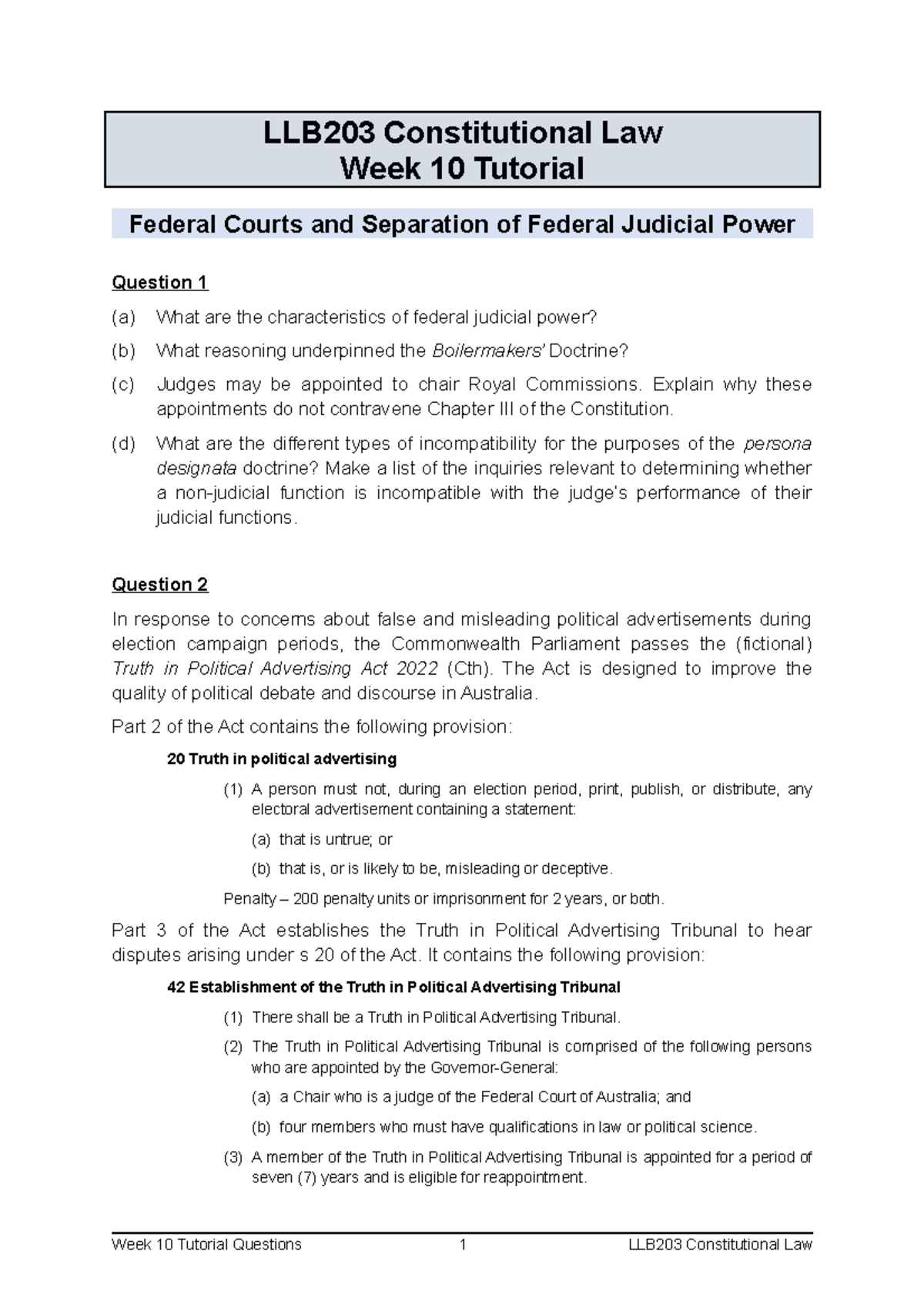 Llb203 Week 10 Tutorial Questions Llb203 Constitutional Law Week 10