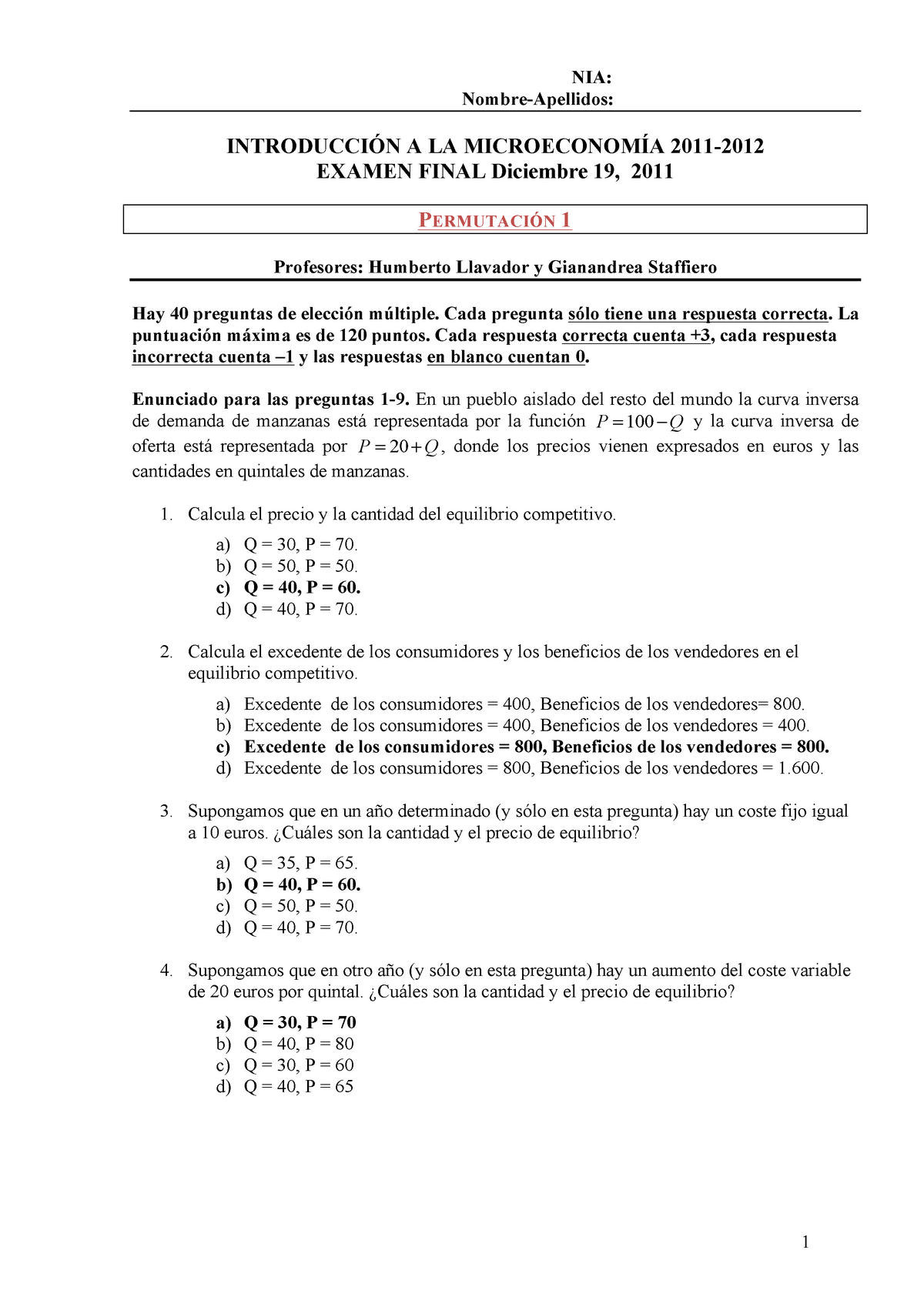 Examen Introducció A La Microeconomia Nia Nombre Apellidos