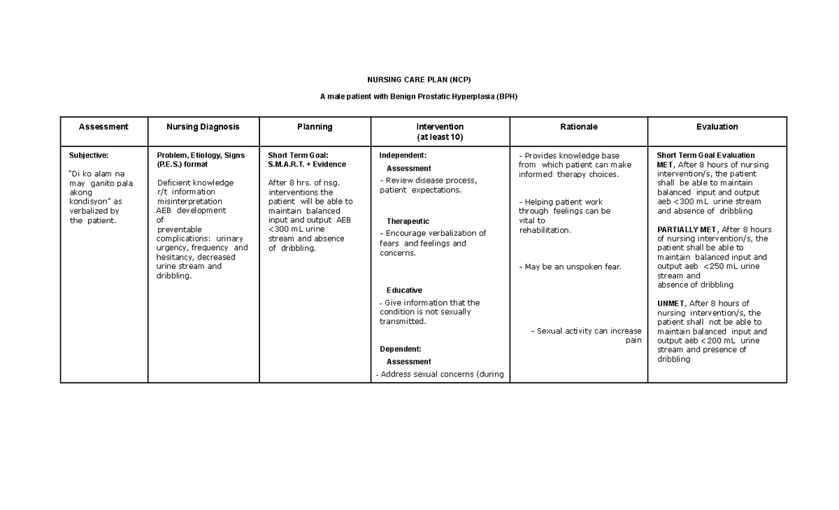 Nursing Care Plan A Male Patient With Benign Prostatic Hyperplasia