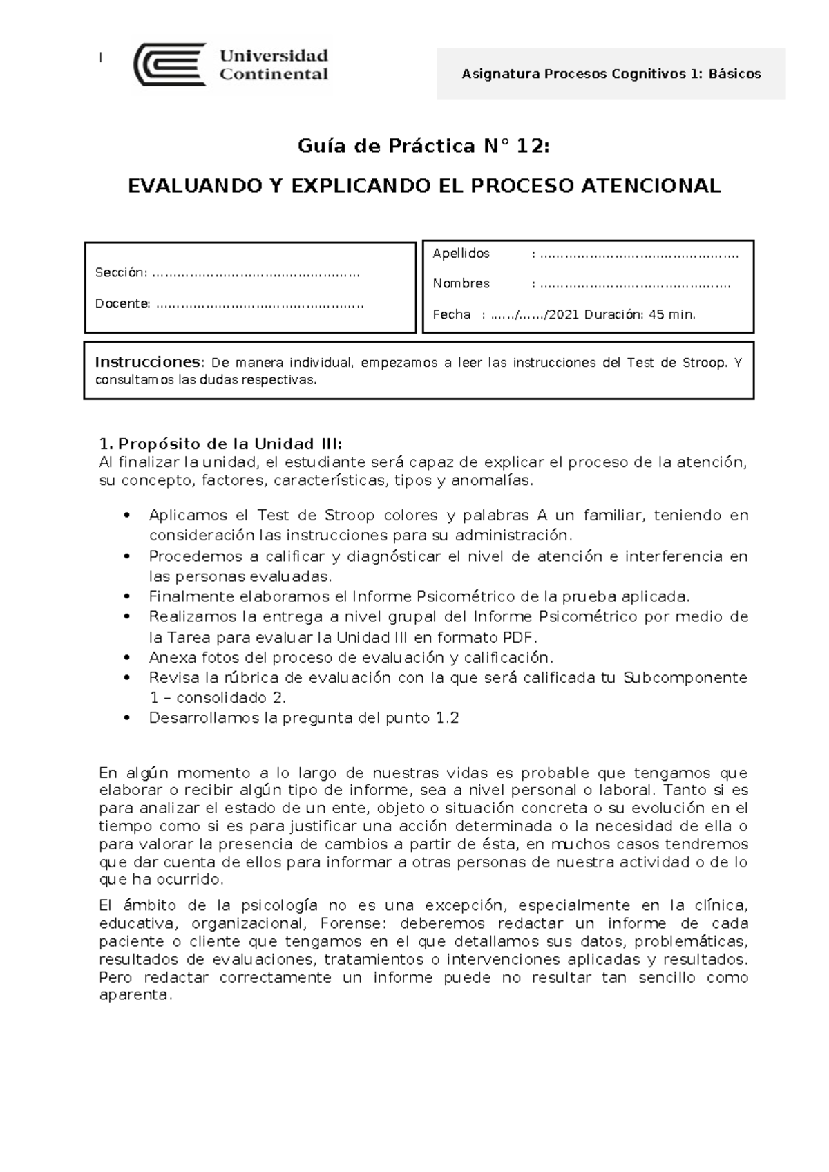 GuÍa Práctica N° 12 ñuiopñoiñoiñ Asignatura Procesos Cognitivos 1