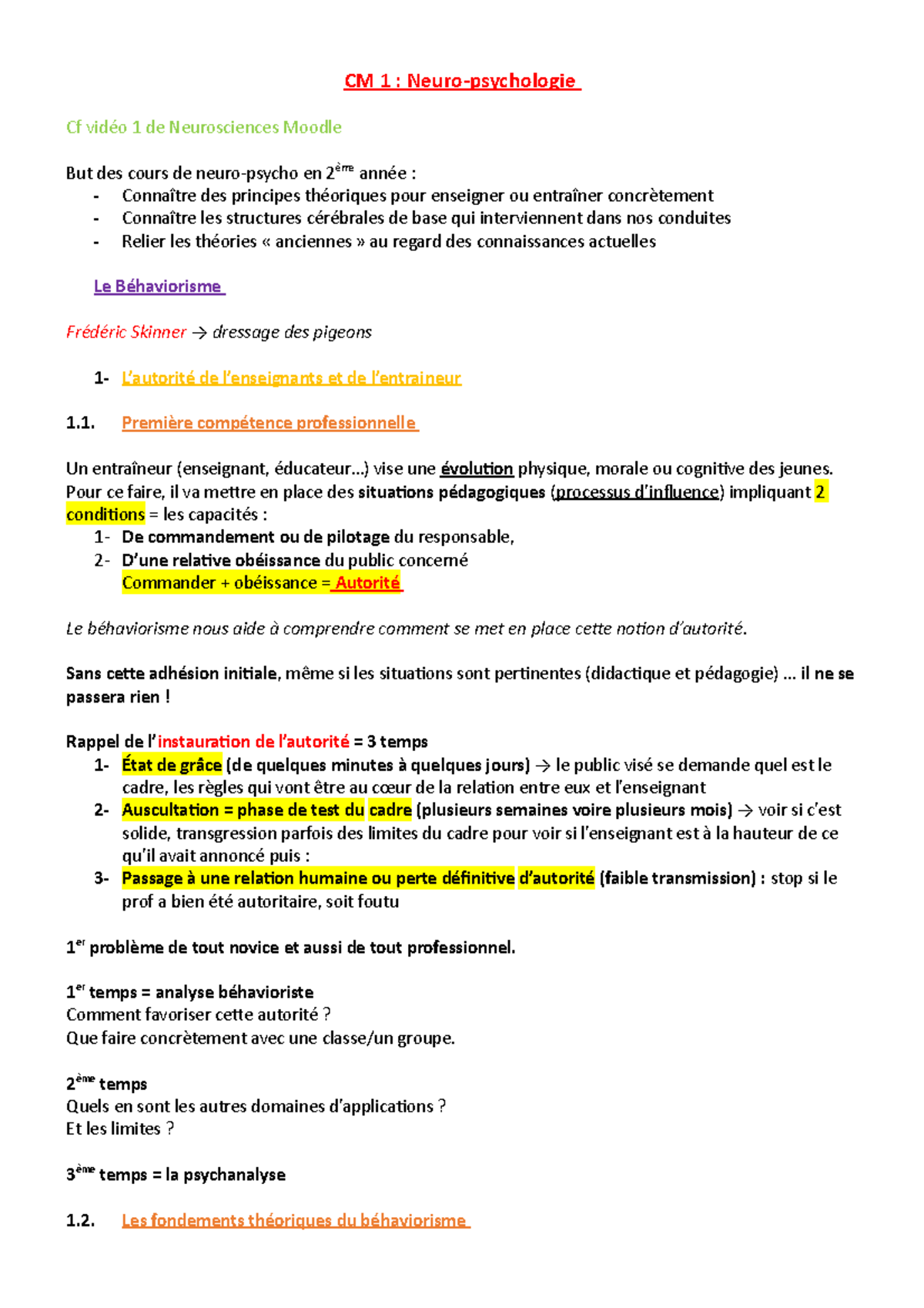 1 Neuropsychologie Notes De Cours 1 Cm 1 Neuro Psychologie Cf