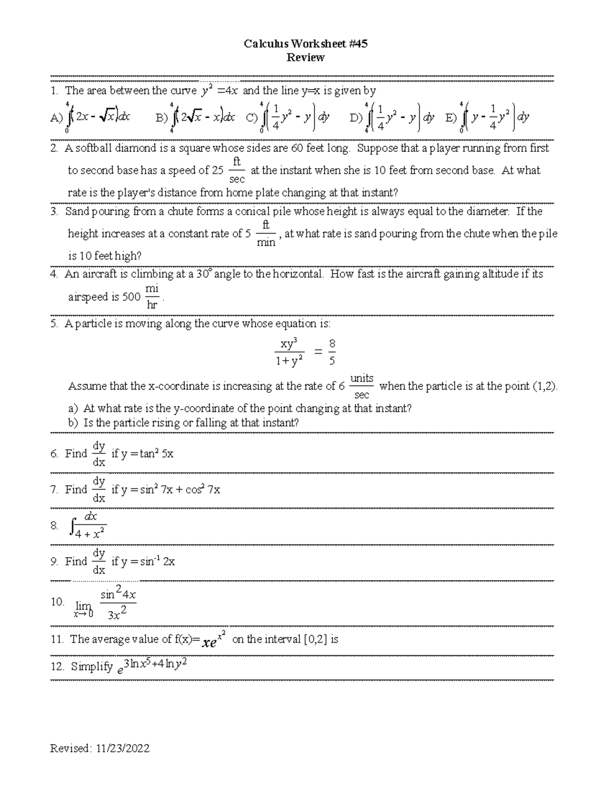 Ab Ws 045 Test Rev Calculus 1 Worksheet Provided By Drmeyers With