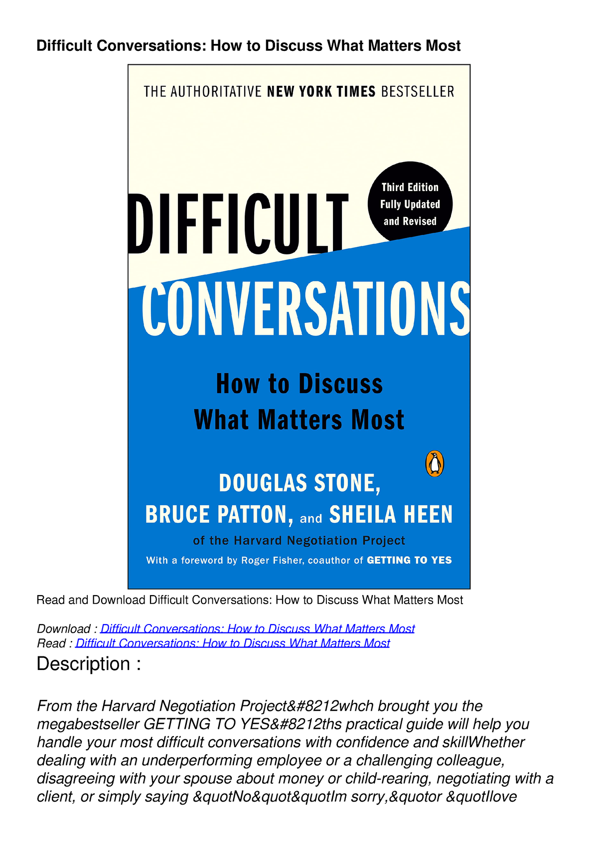 Pdf Read Online Difficult Conversations How To Discuss What Matters