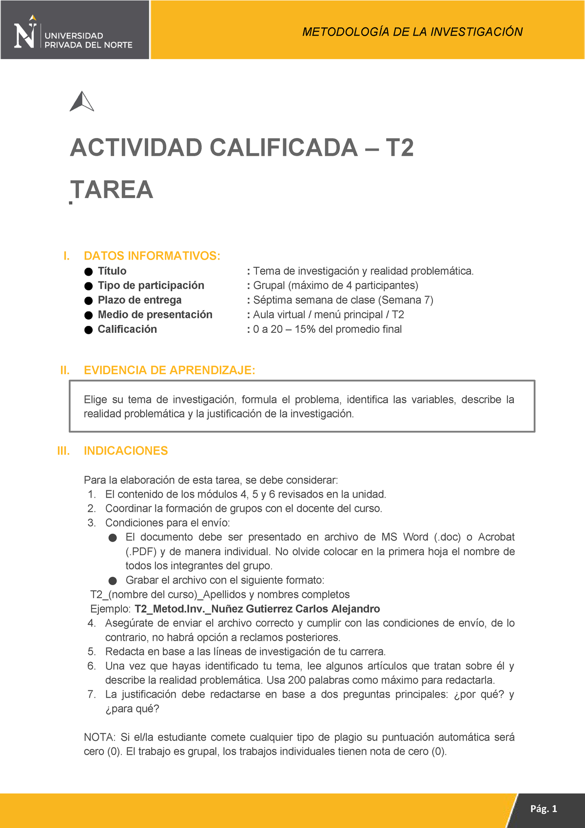 T2 Metod T2 Actividad Calificada T Tarea I Datos Informativos