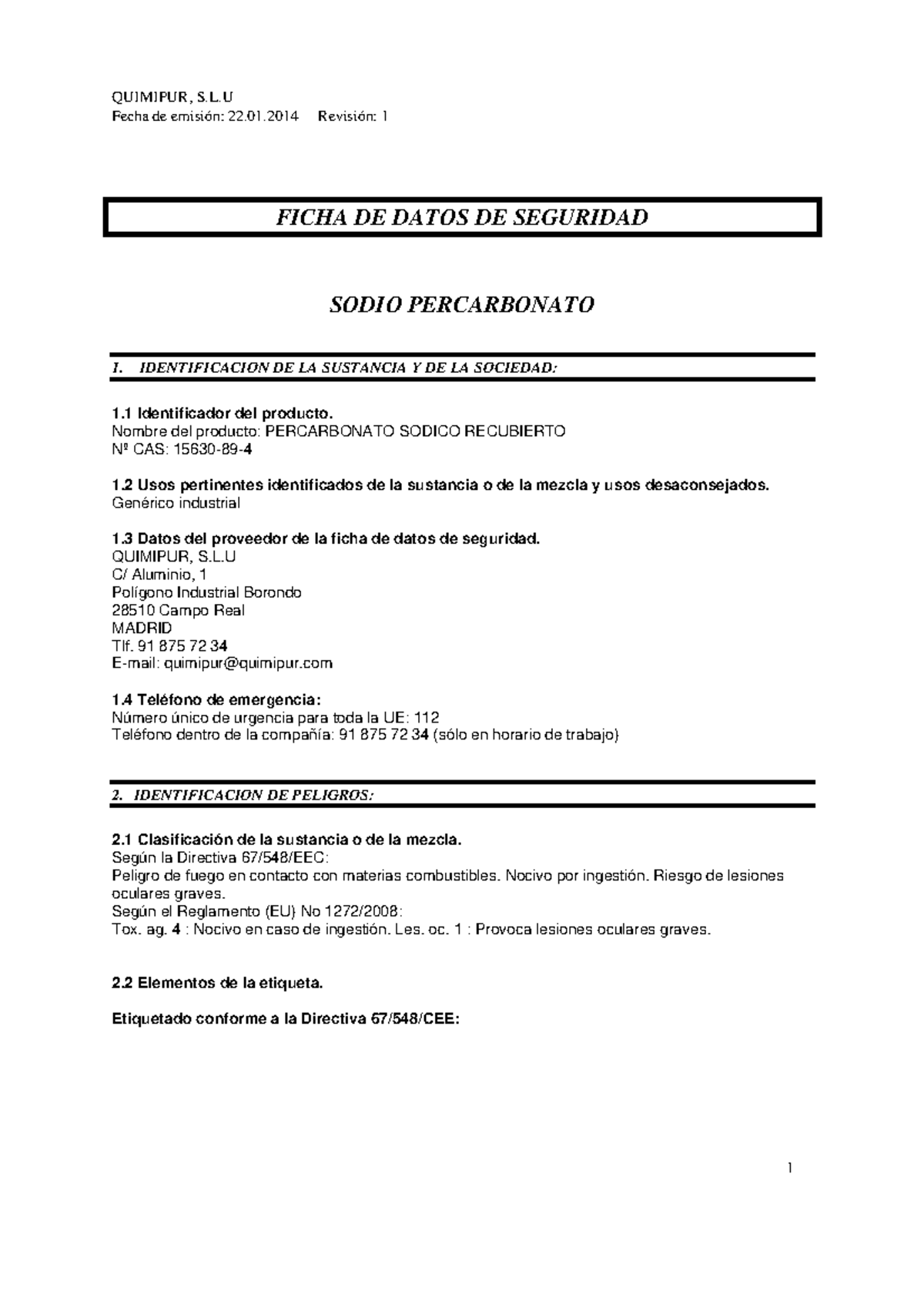 Percarbonato De Sodio 2 Fecha De Emisión 2201 Revisión 1 Ficha De