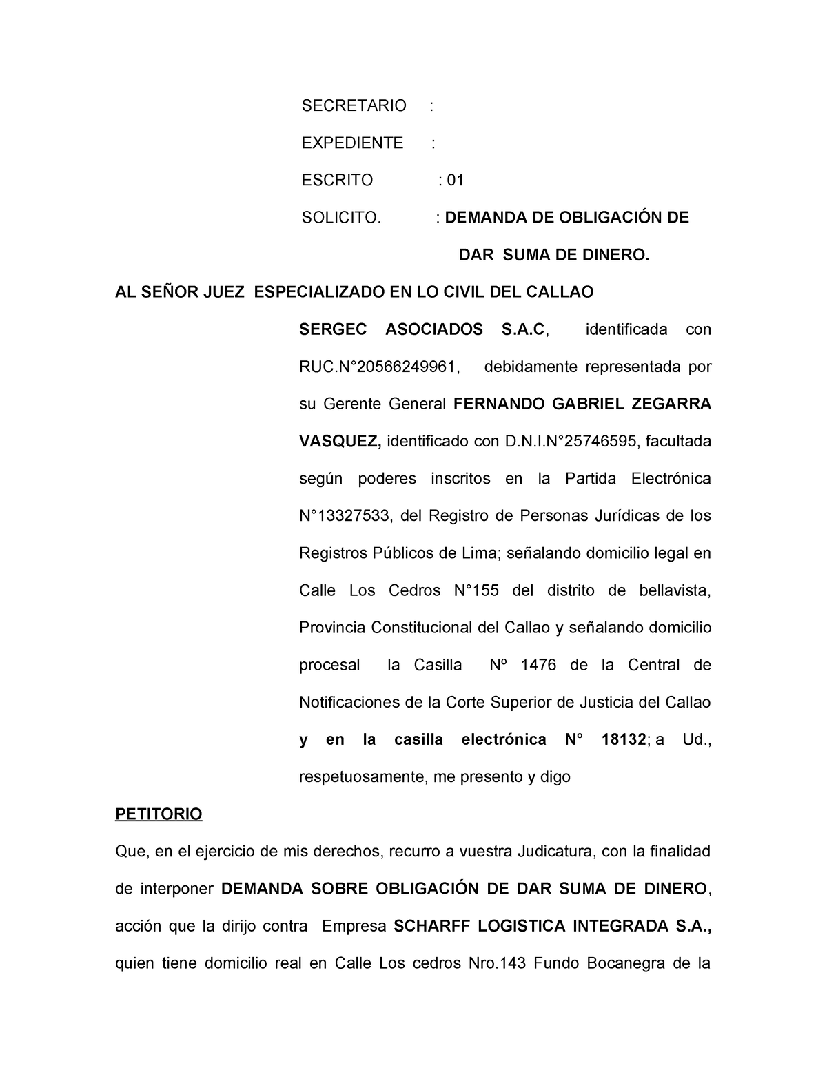 Demanda De Dar Suma De Dinero Secretario Expediente Escrito 01