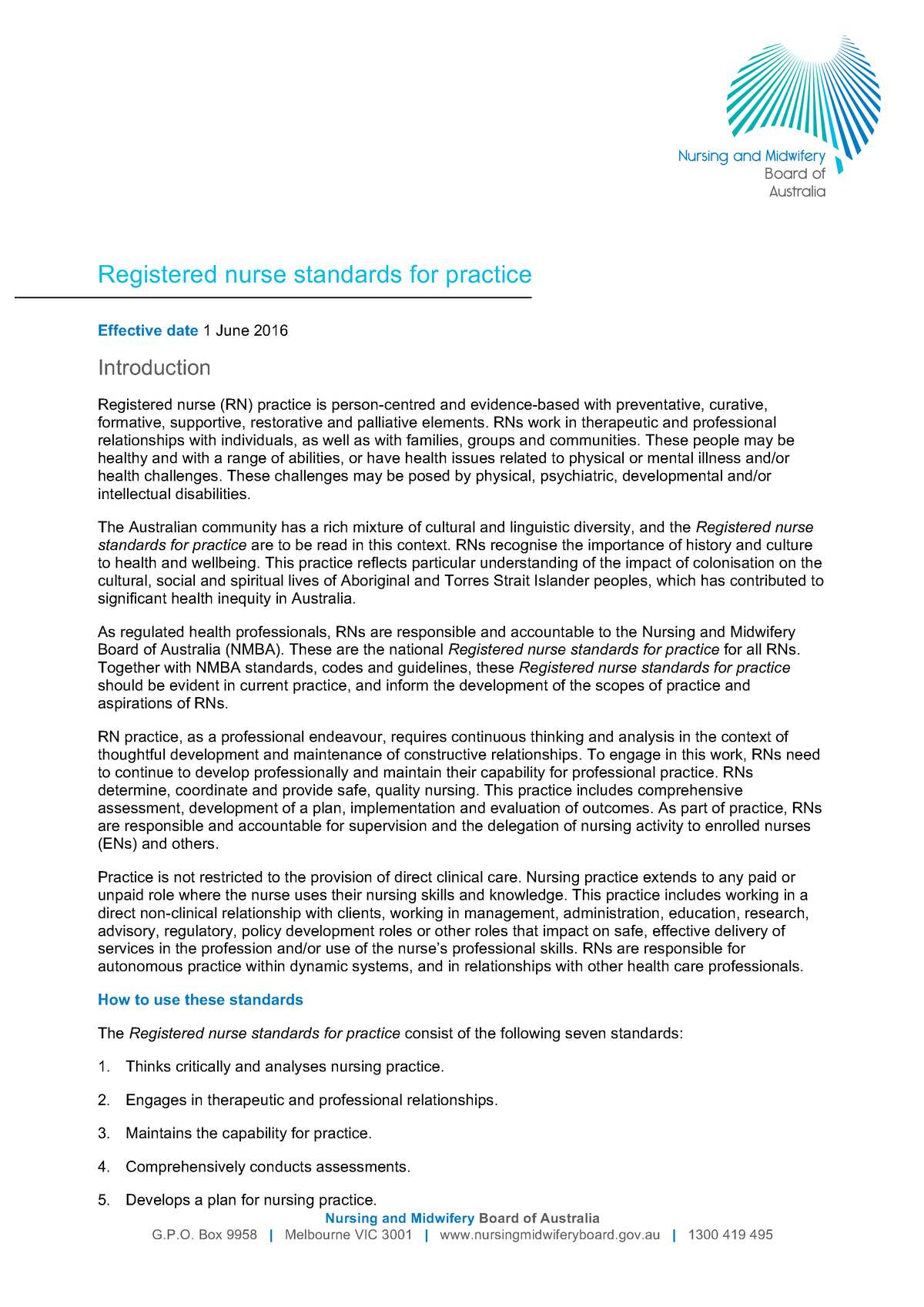 Nursing And Midwifery Board Standard Registered Nurse Standards For