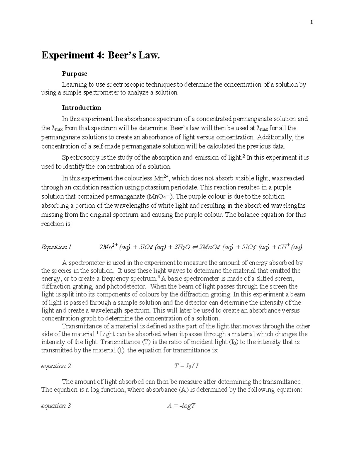 Beers Law Experiment 4 Beers Law Purpose Learning To Use