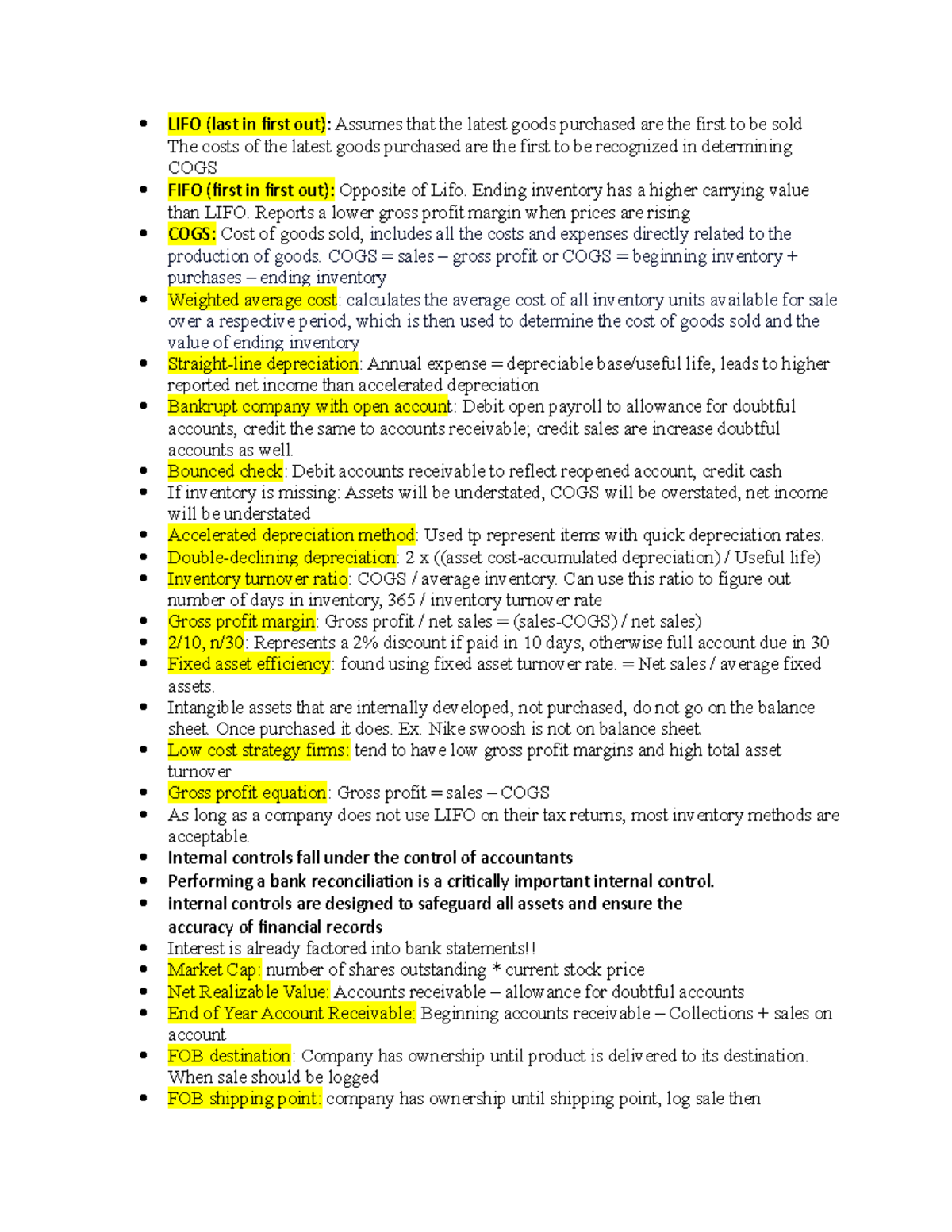 Acc 201 Exam 2 Cheat Sheet Lifo Last In First Out Assumes That The