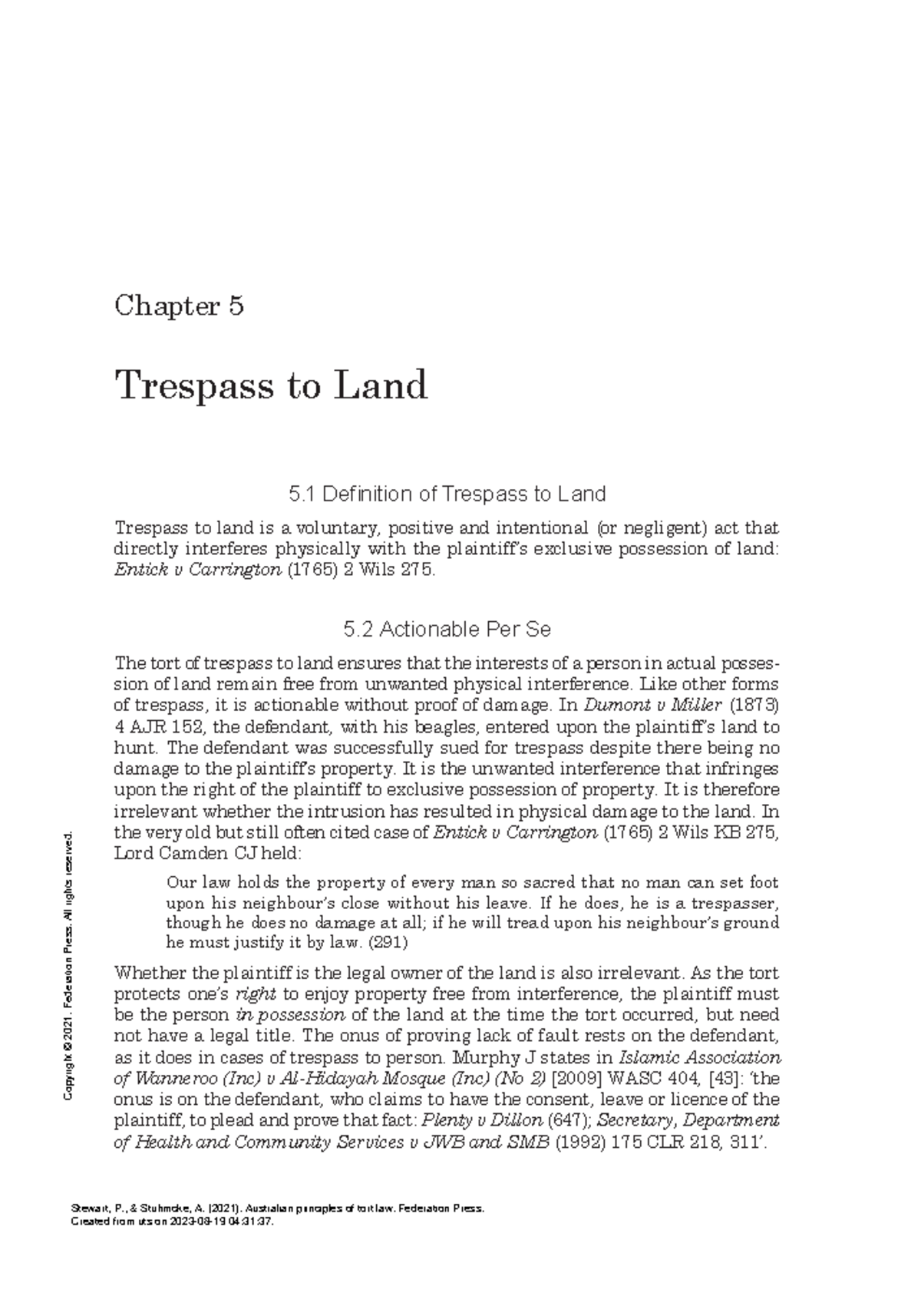 Australian Principles Of Tort Law Chapter 5 Trespass To Land