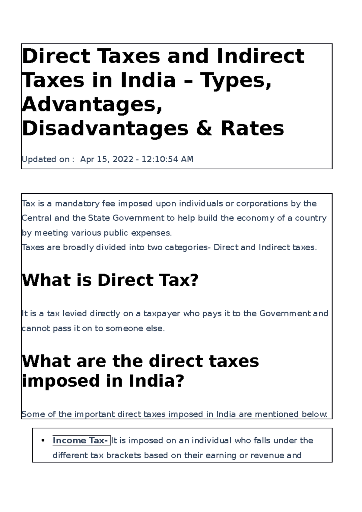 Direct Taxes And Indirect Taxes In India Taxes Are Broadly Divided