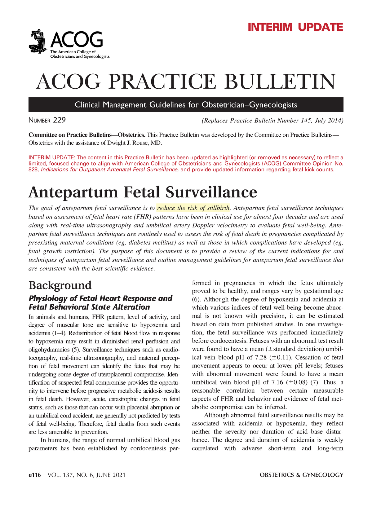 Antepartum Fetal Surveillance Interim Update Acog Practice Bulletin