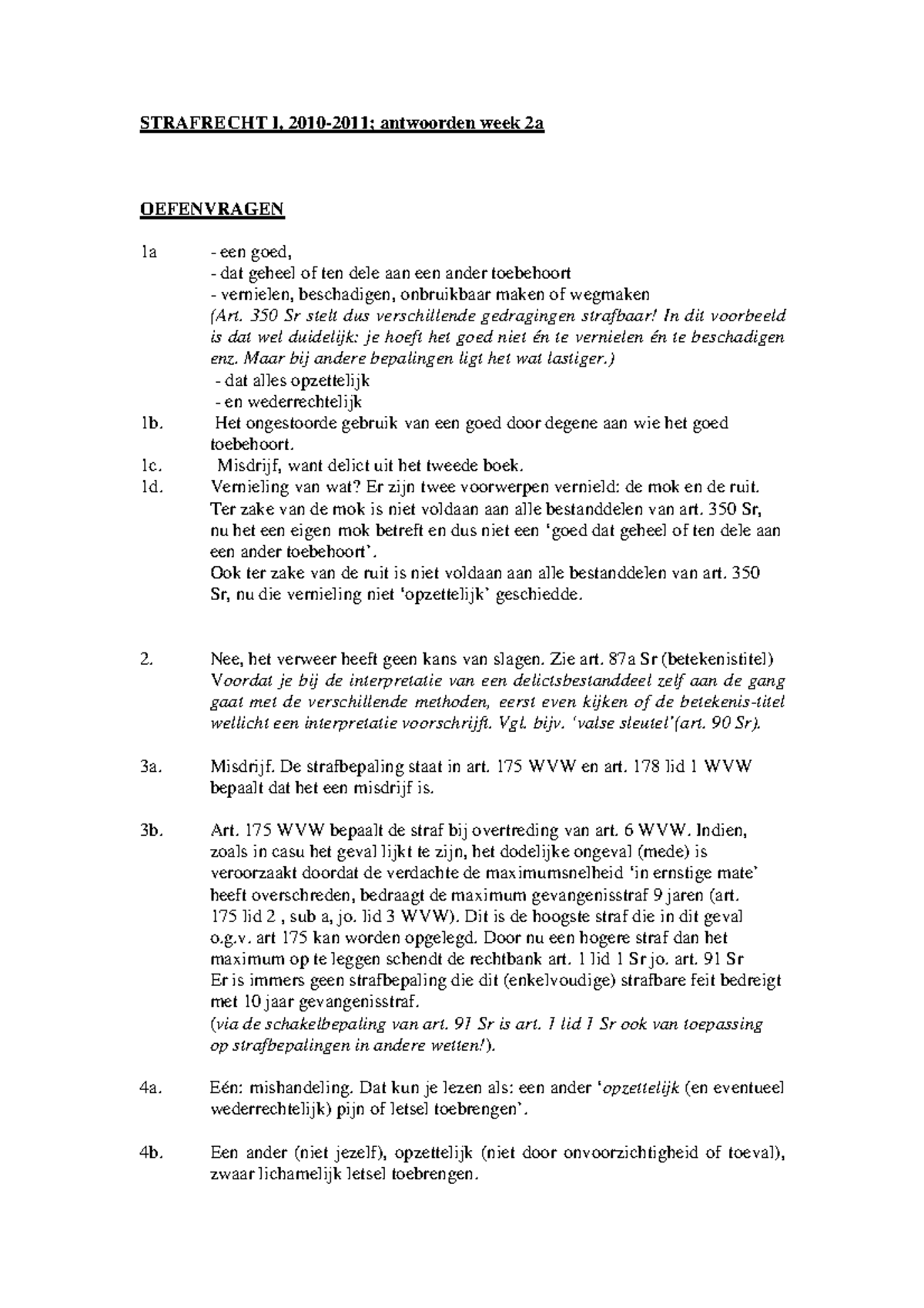 Strafrecht 1 Antwoorden Oefenopgaven Strafrecht I 2010 2011