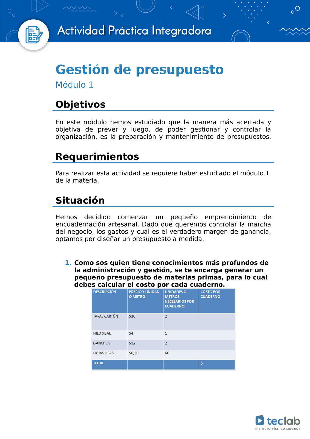 Actividad Práctica 1 Ap1 Gestión De Presupuesto Módulo 1 Objetivos