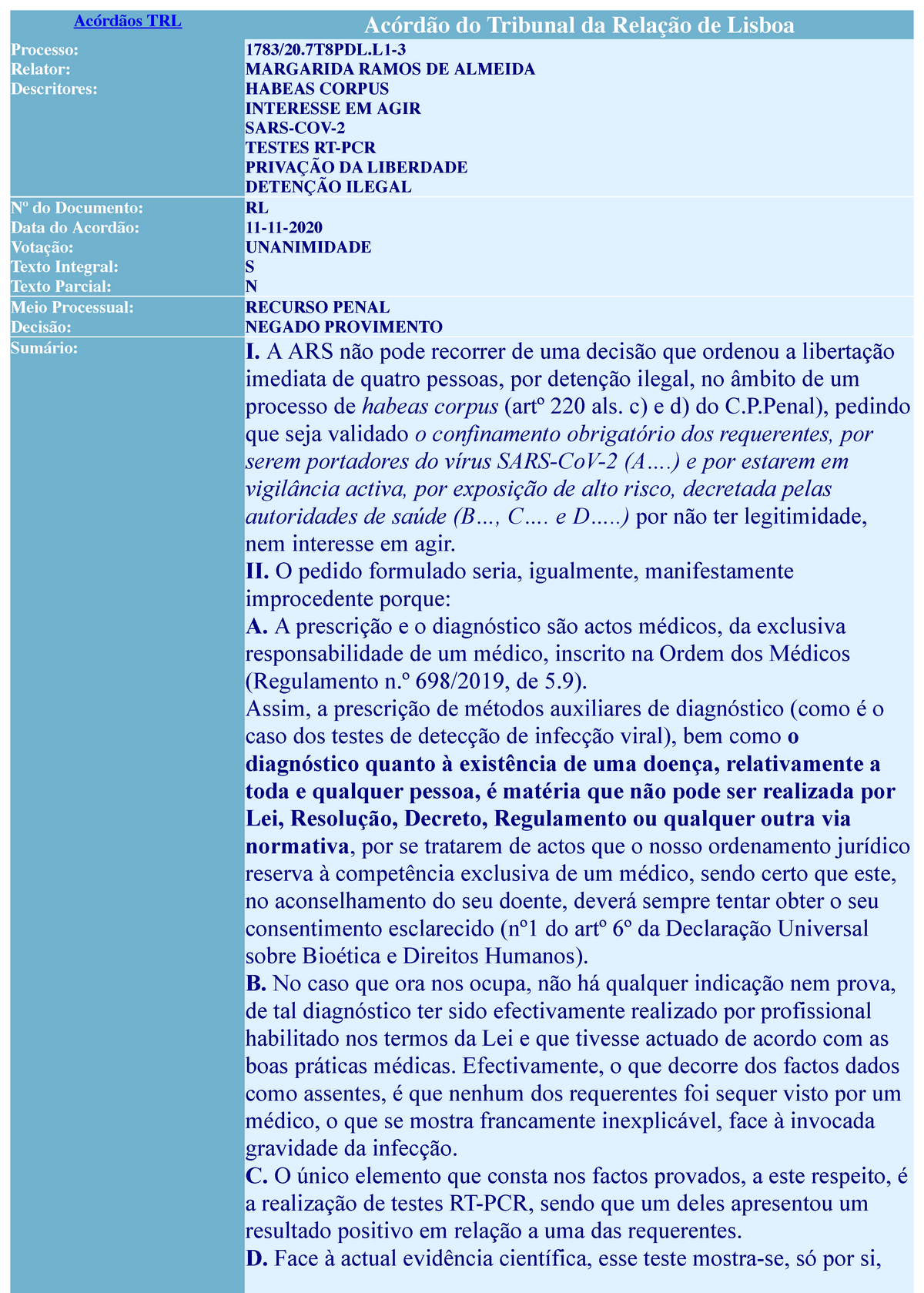 Ac Trl Detenção Ilegal Acórdãos Trl Acórdão Do Tribunal Da Relação De