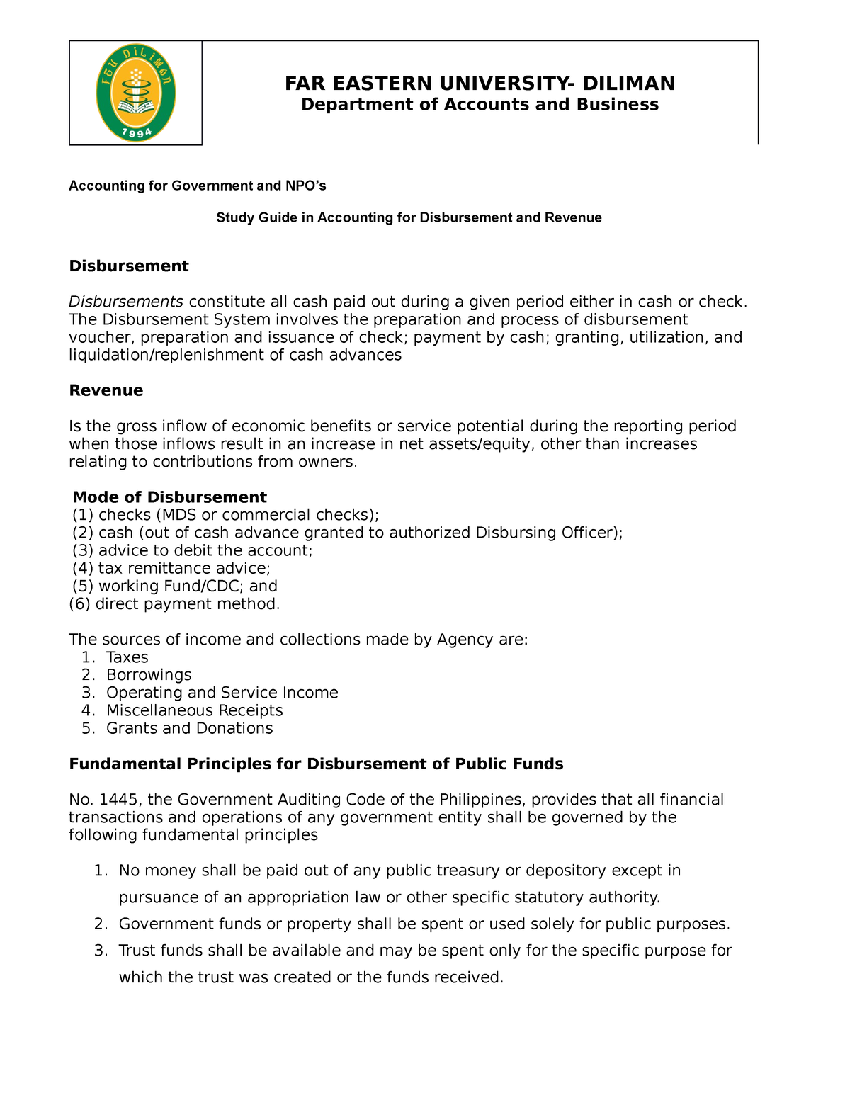 Study Guide Module 3 Accounting For Disbursement And Revenue