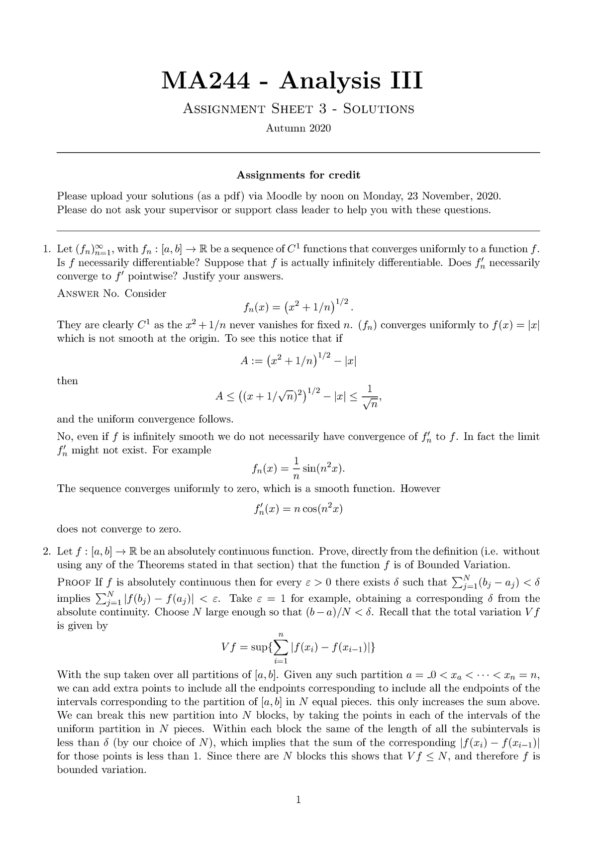 A 3 With Solutions Ma244 Analysis Iii Assignment Sheet 3