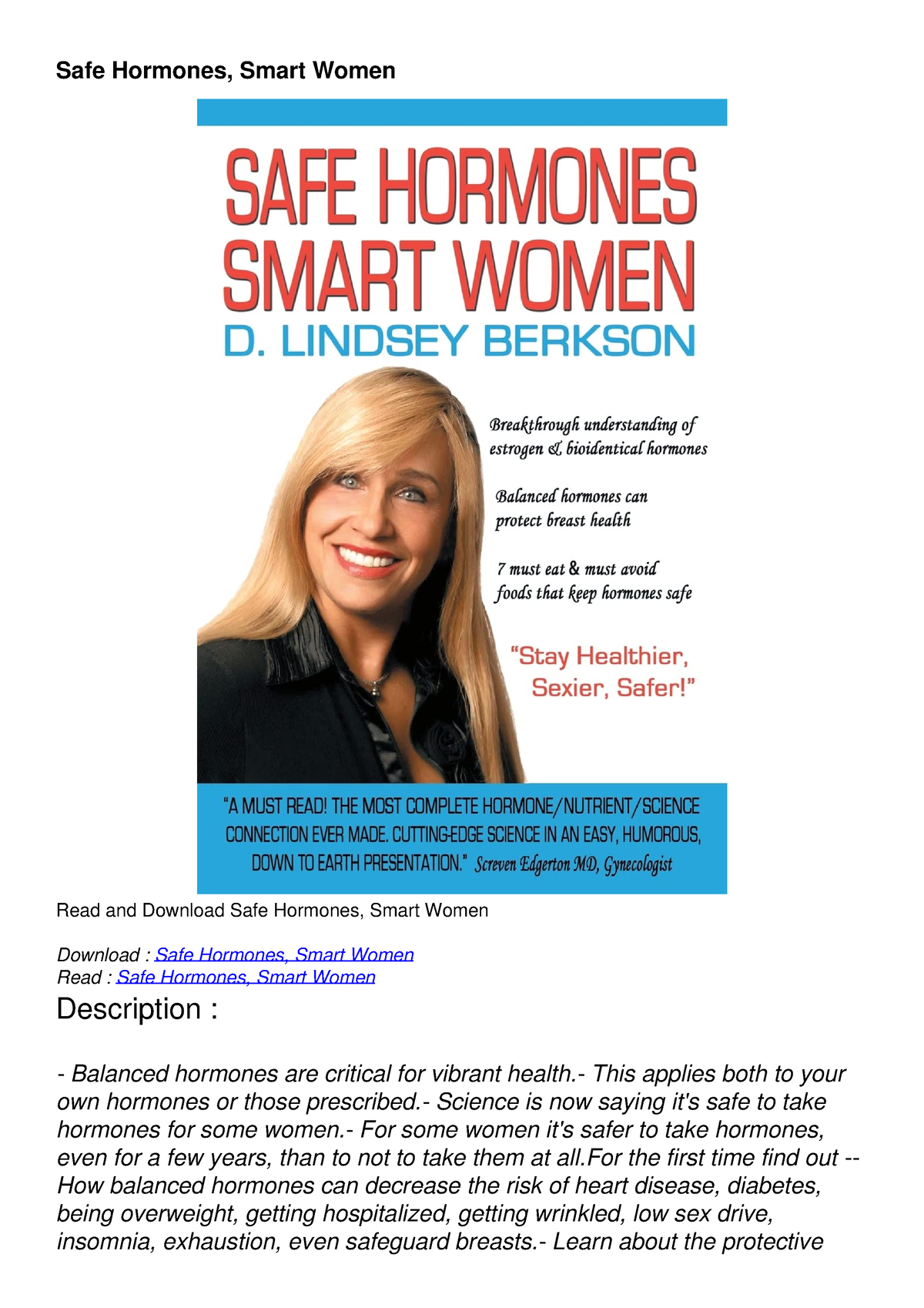 Pdf Safe Hormones Smart Women Safe Hormones Smart Women Read And