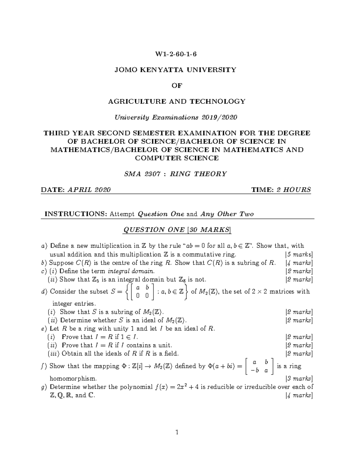 Sma 2307 Ring Theory April 2020 W1 2 60 1 Jomo Kenyatta University